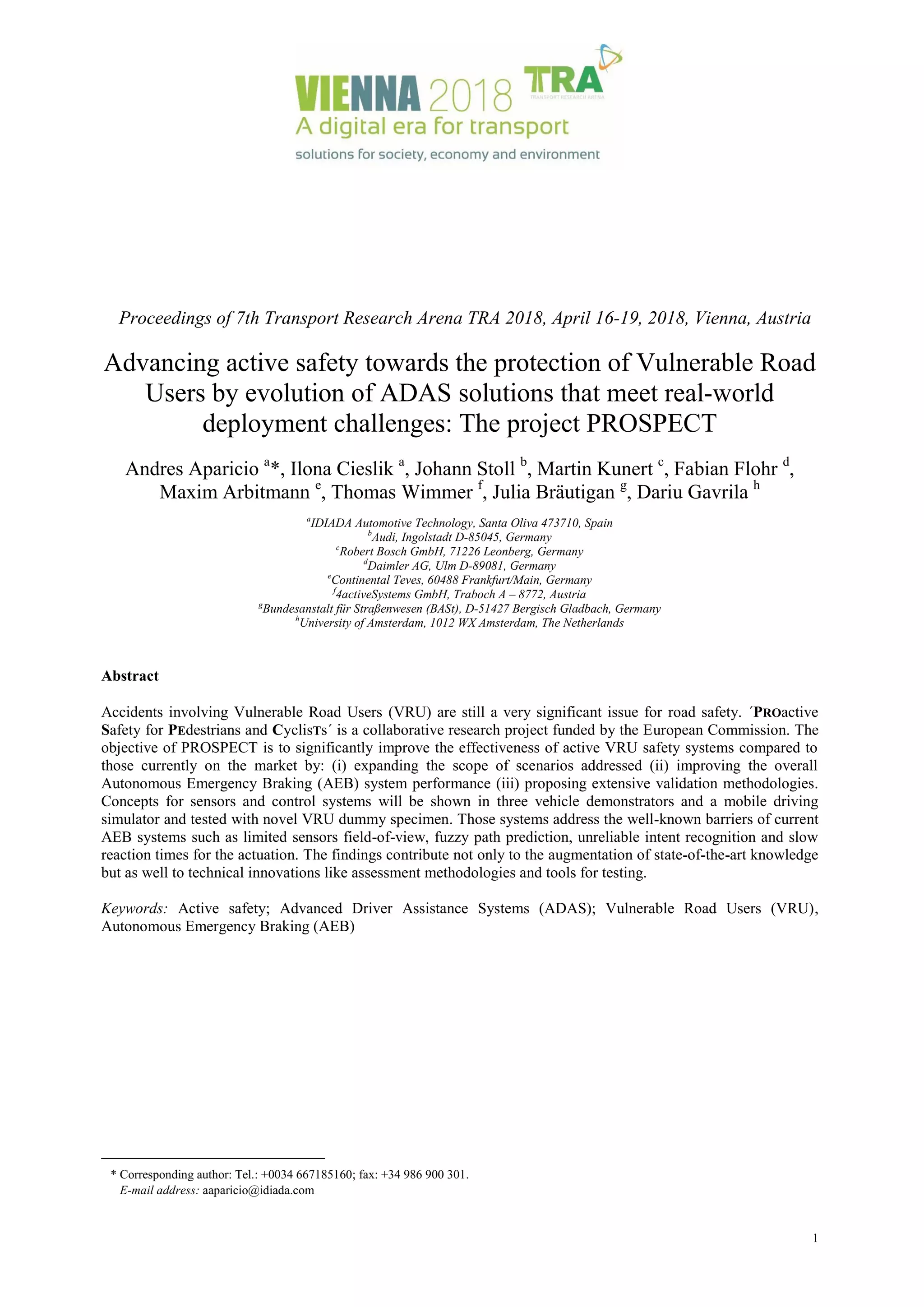 TRA 2018 Vienna Publication: Advancing active safety towards the protection of Vulnerable Road ...