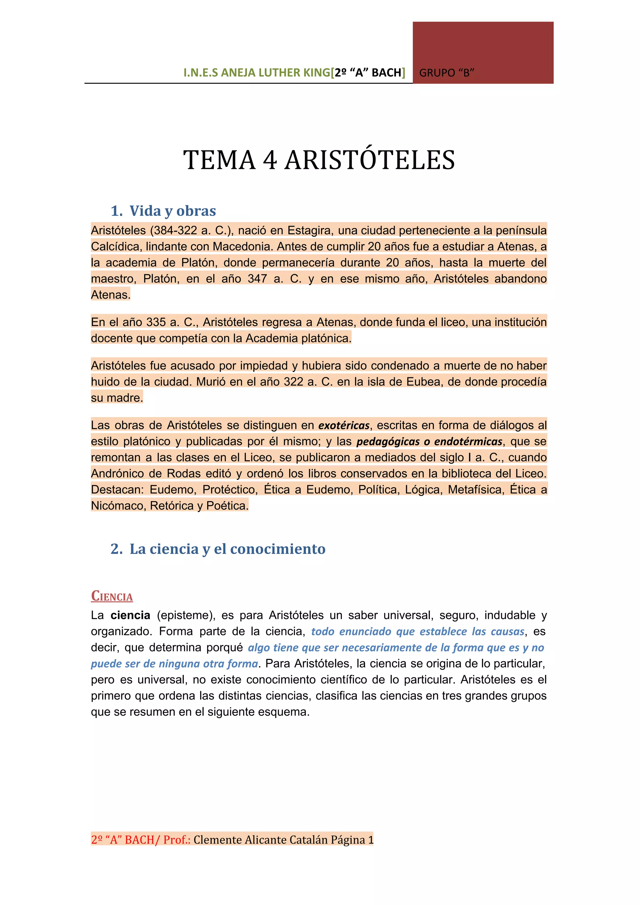 Filosofía tema 3: ARISTÓTELES | PDF