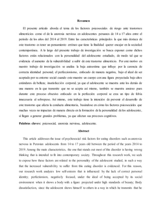 Anorexia nerviosa y factores psicosociales | DOCX