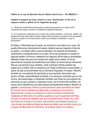 Trabajo sobre bernarda alba y los conceptos de género dramático | PDF