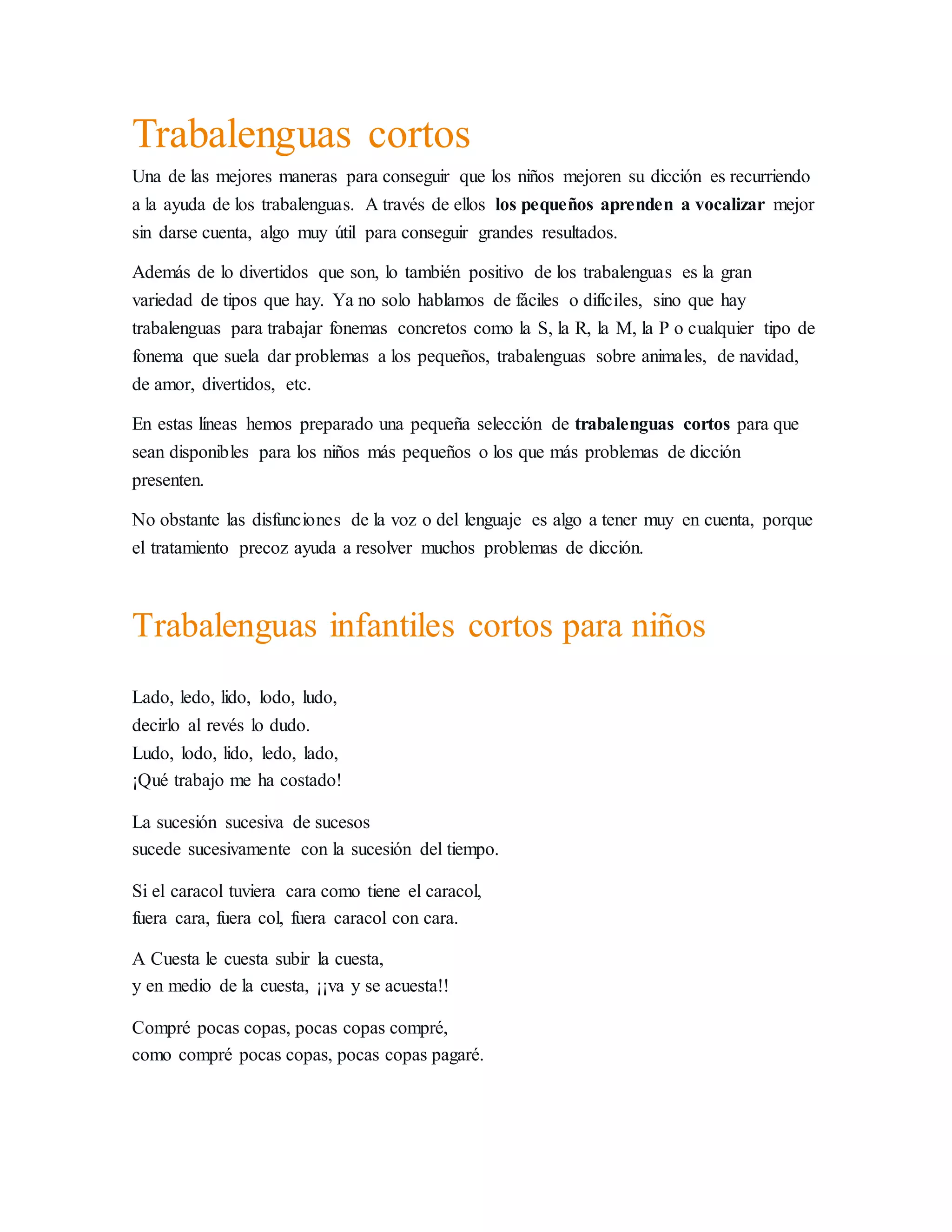 Trabalenguas cortos | DOCX | Hobbies & Interests