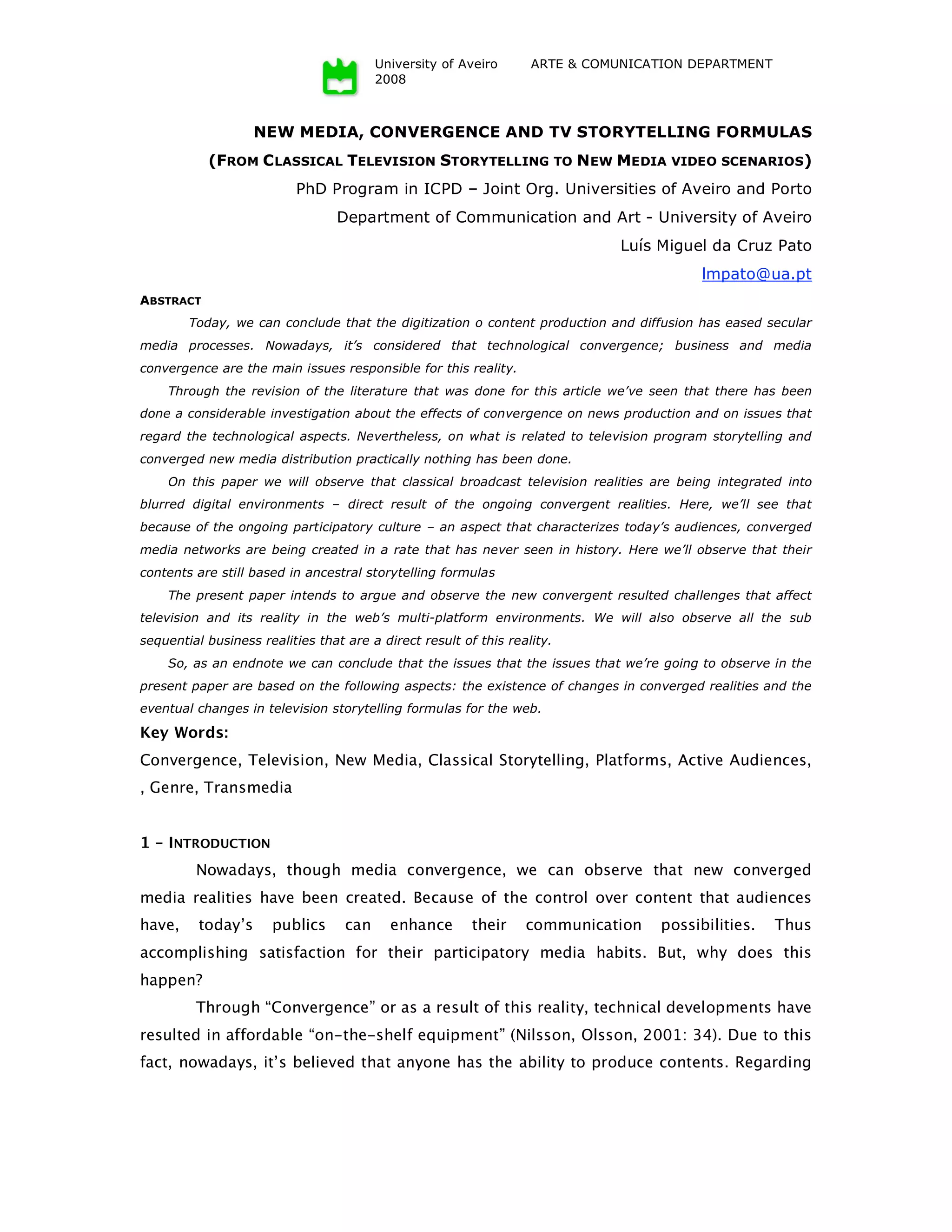 New Media, Convergence and TV Storytelling Formulas (From classical ...