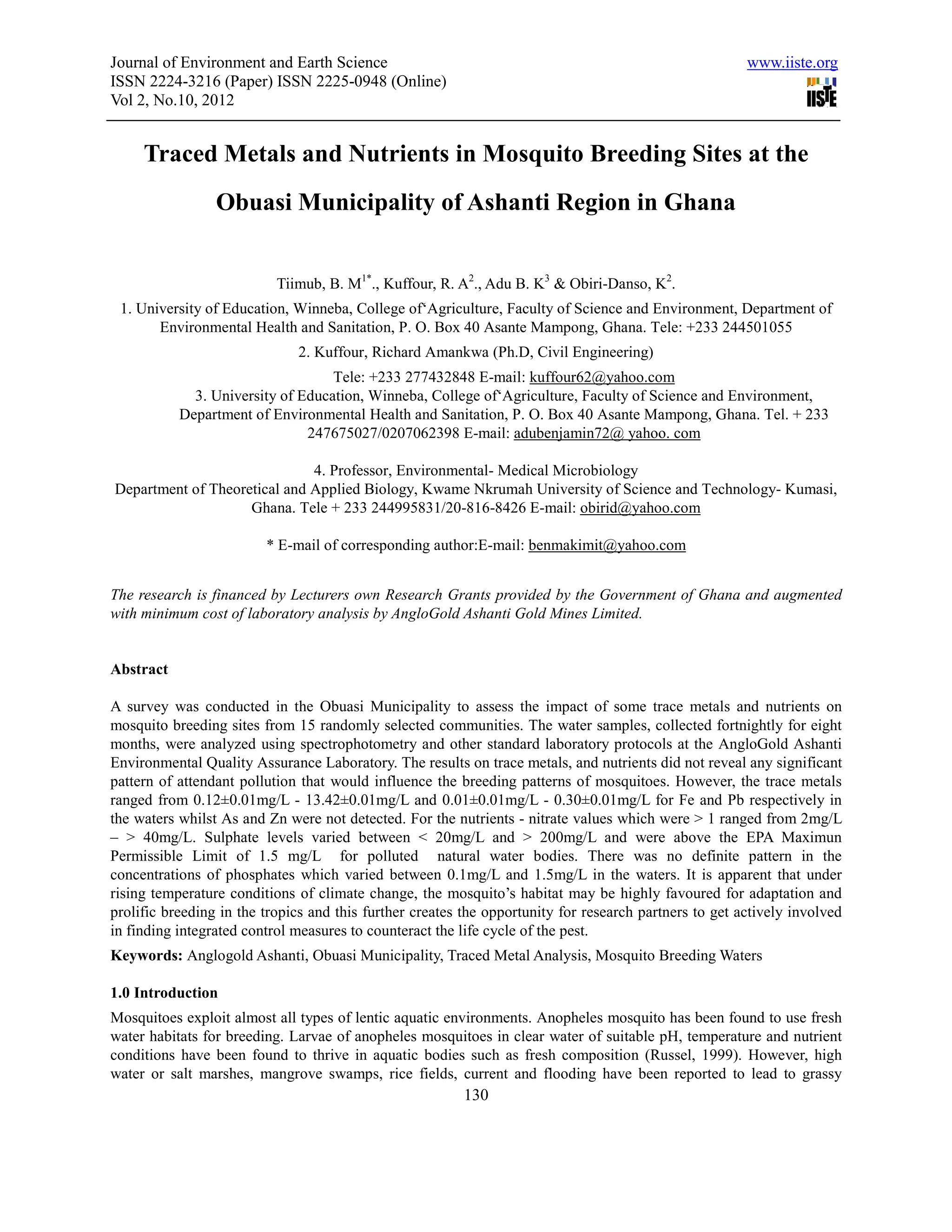 Traced Metals And Nutrients In Mosquito Breeding Sites At The Obuasi Municipality Of Ashanti