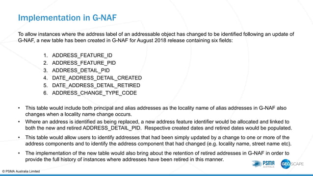 Tracking of changes to GNAF (Aug 2018) | PPT