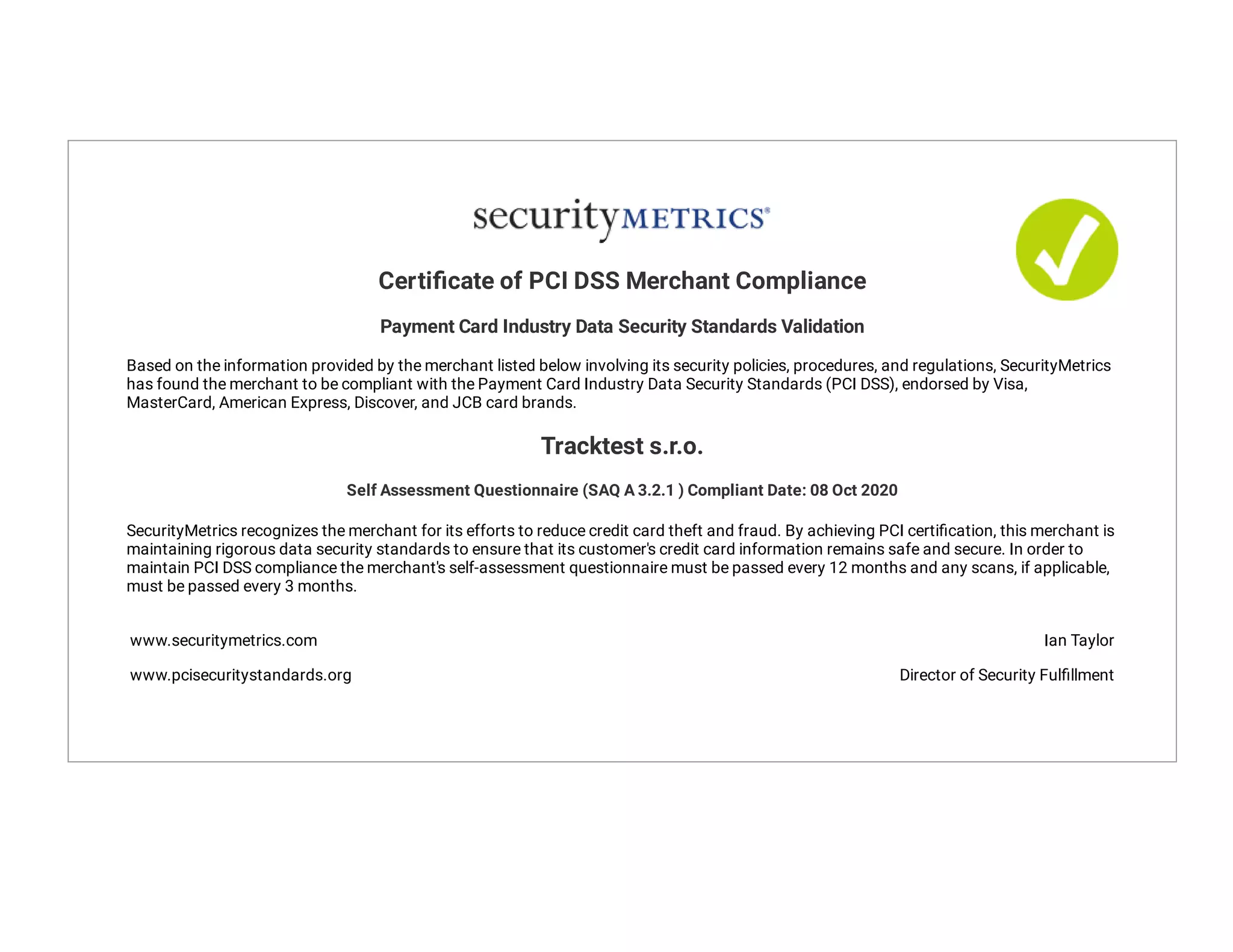 TrackTest PCI compliance certificate-2020-2021 | PDF