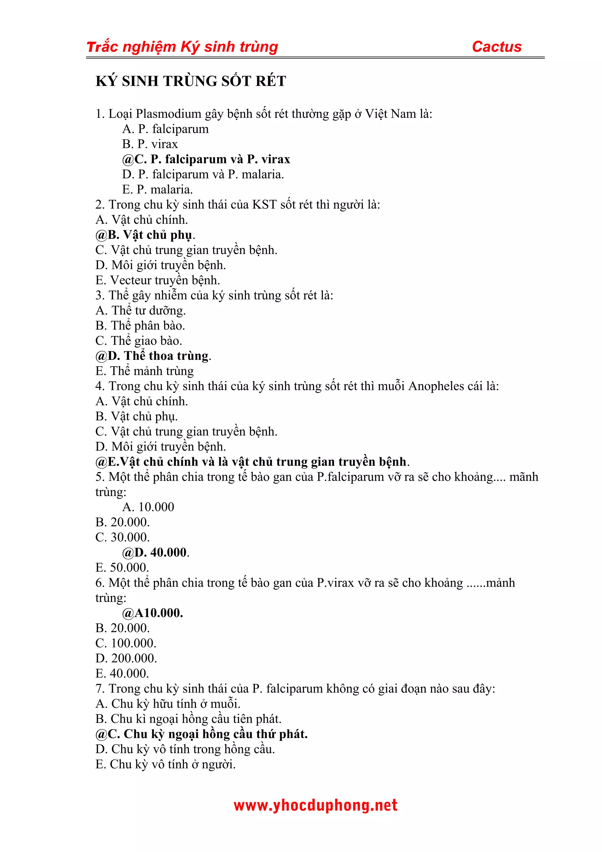 Trắc nghiiệm KST DHY (ĐA) | DOC