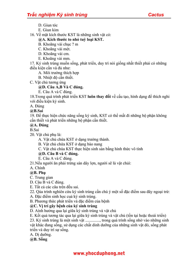 Trắc nghiiệm KST DHY (ĐA) | DOC