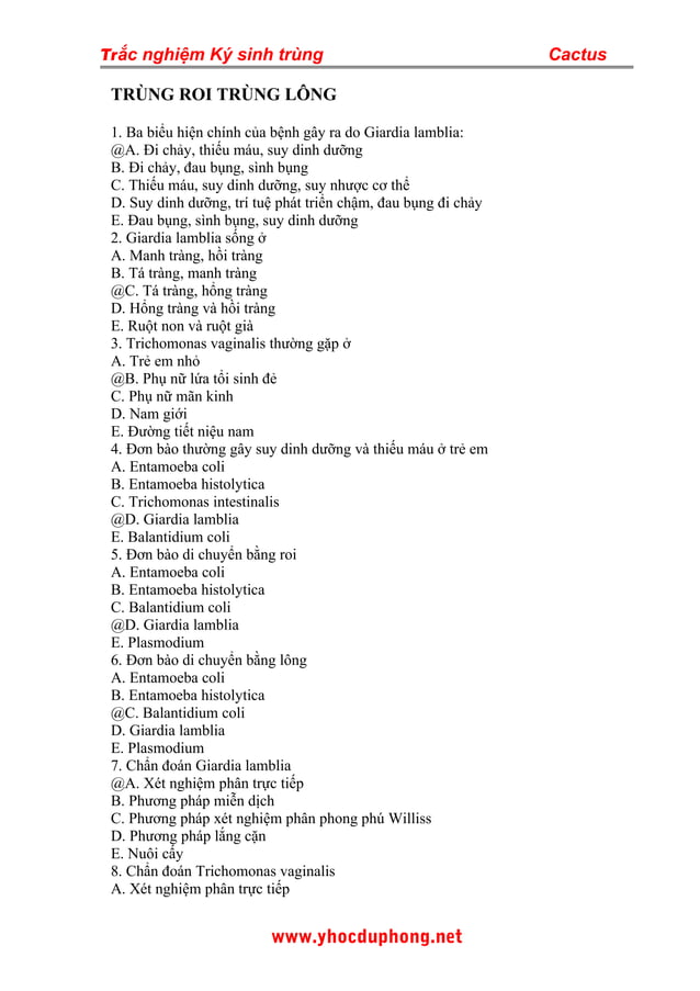 Trắc nghiiệm KST DHY (ĐA) | DOC