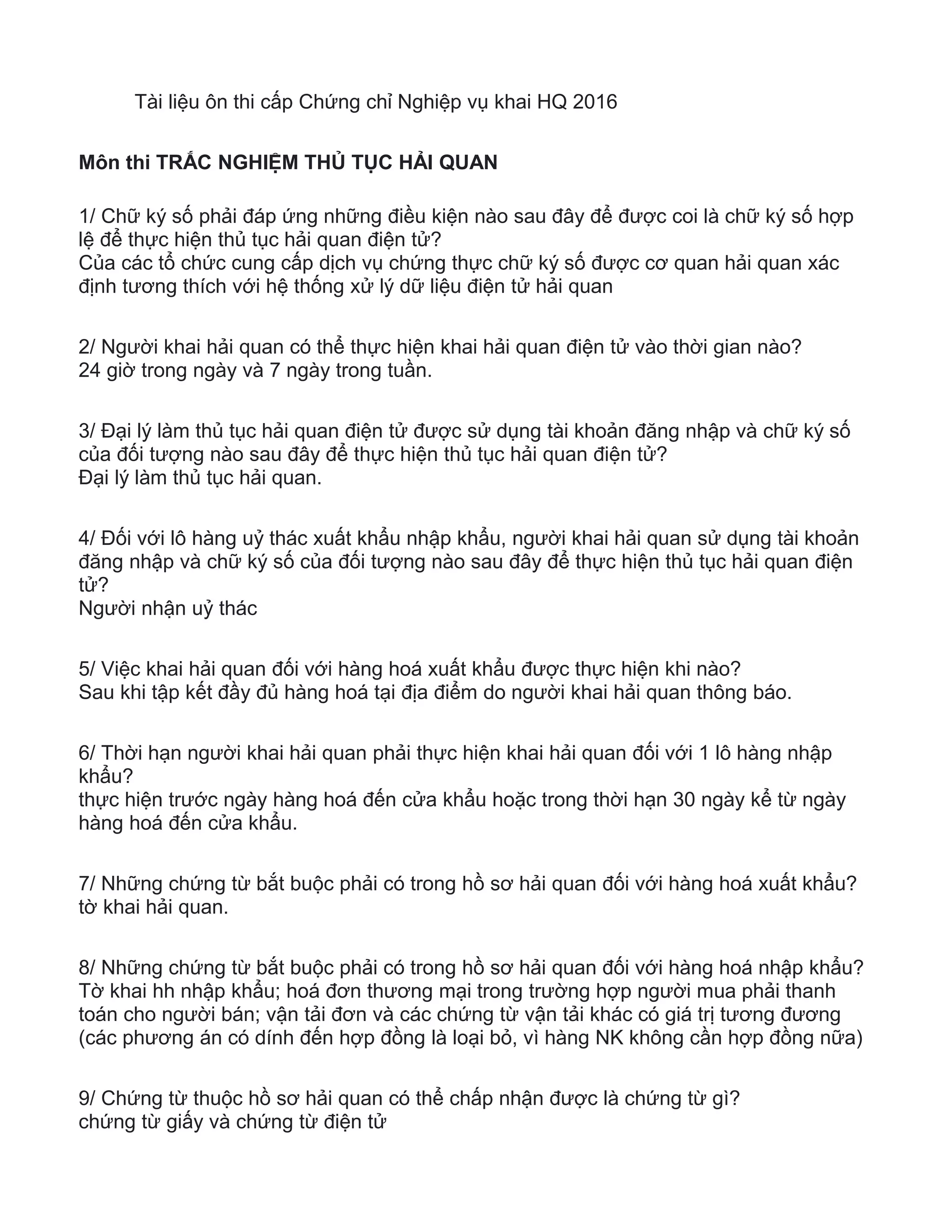 TRẮC NGHIỆM THỦ TỤC HẢI QUAN | PDF