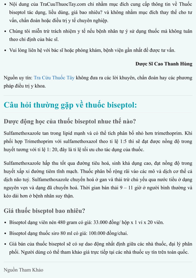 Thuoc Biseptol la thuoc gi Cong dung lieu dung|Tracuuthuoctay | PDF