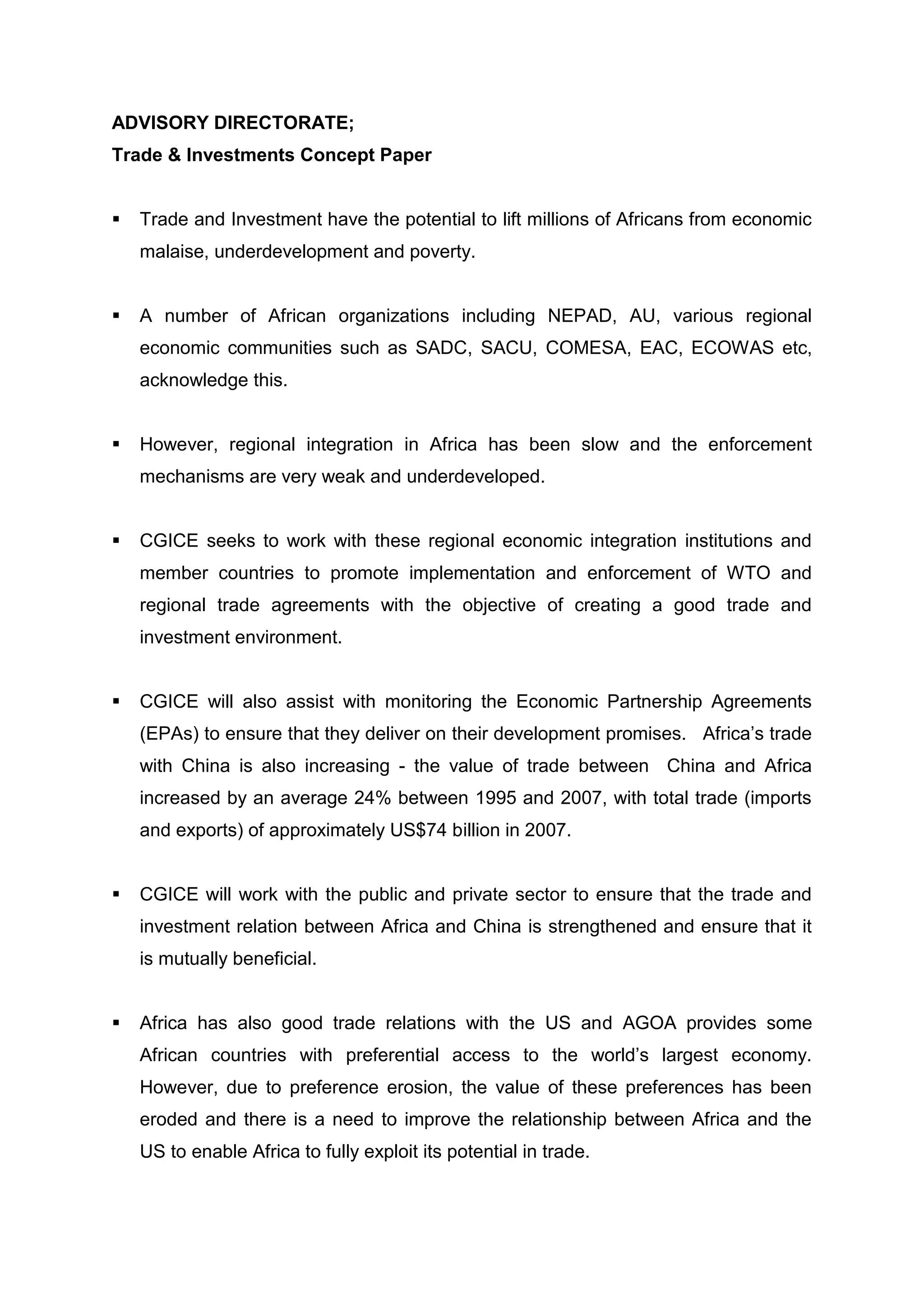 Trade And Investment Concept Paper | PDF