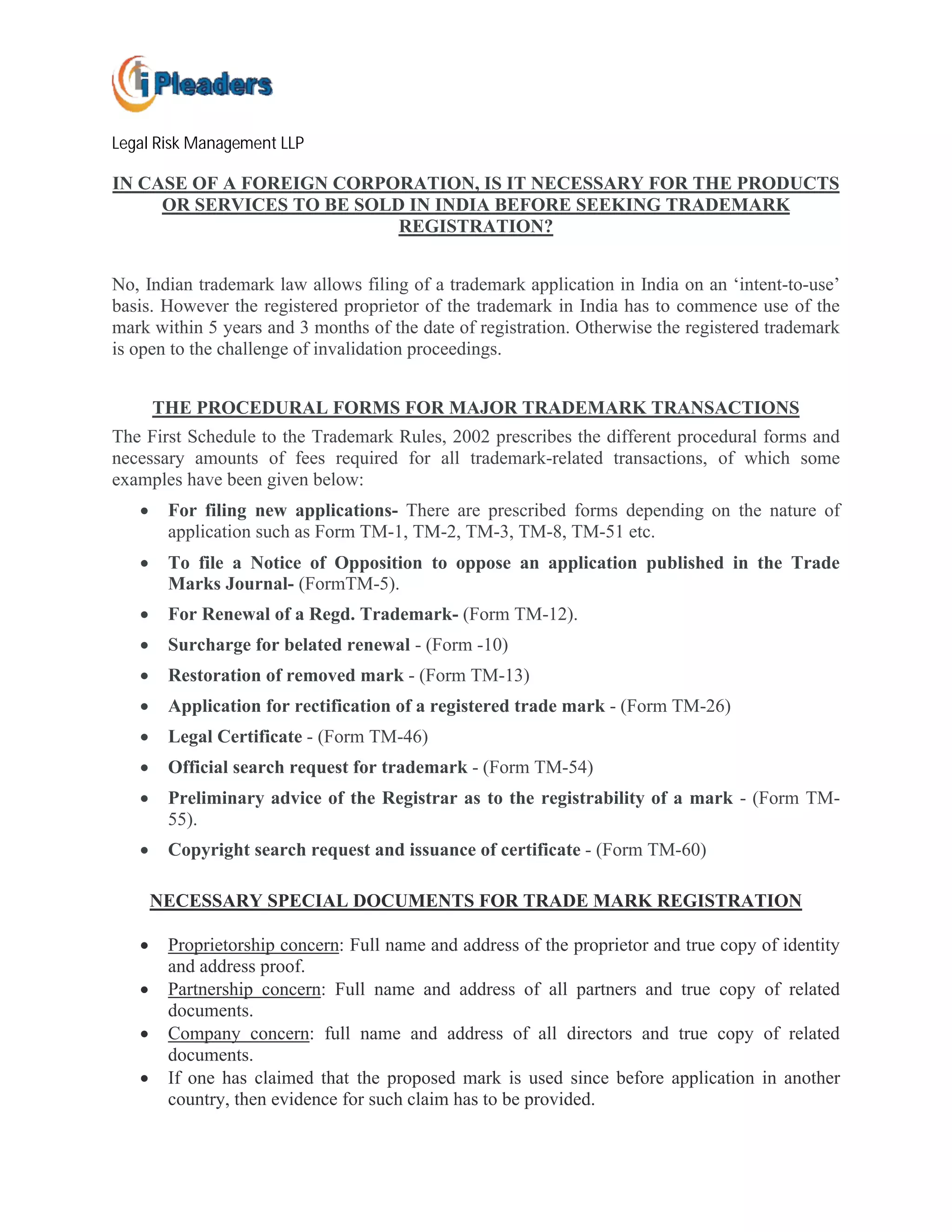 Trademark registration in india procedure and fees | PDF