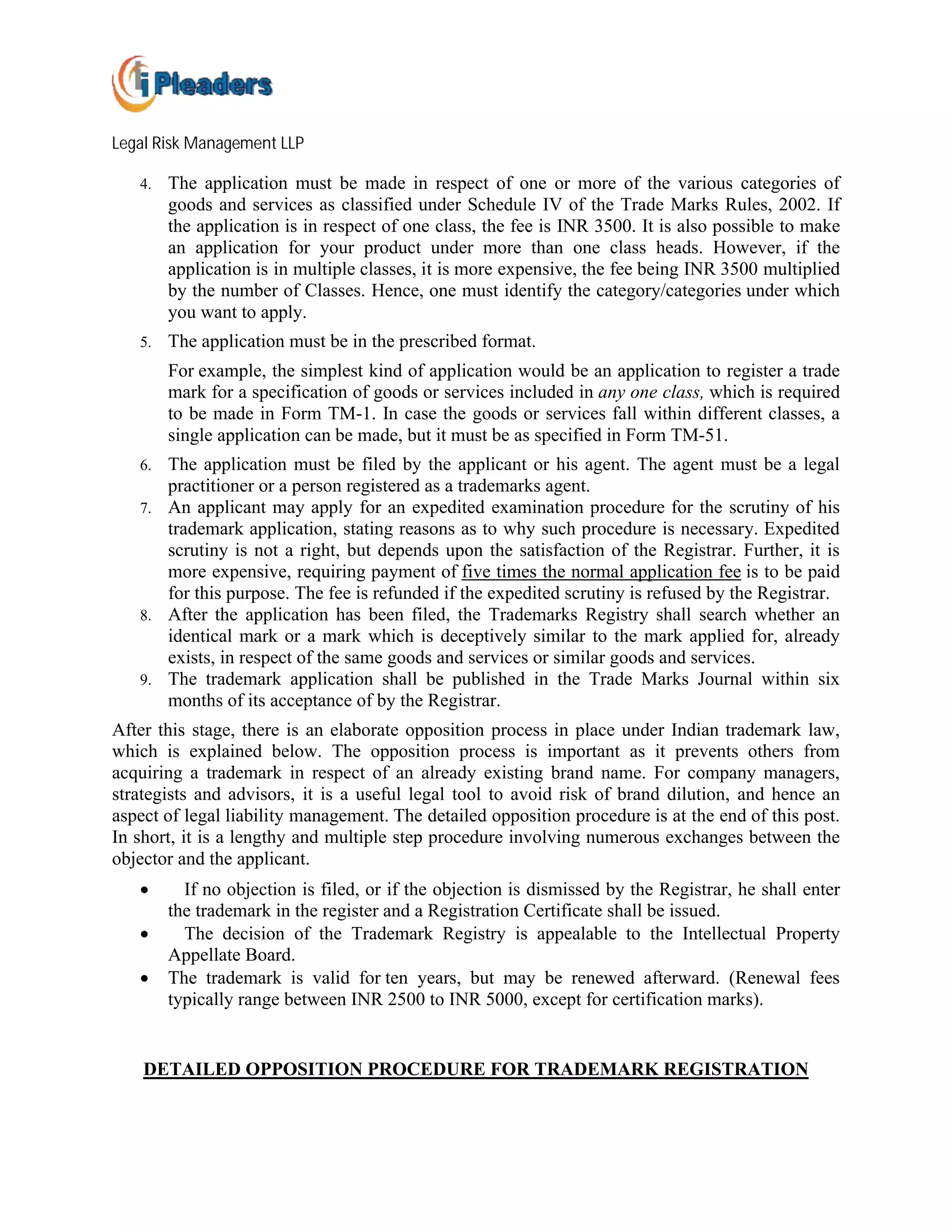 Trademark registration in india procedure and fees | PDF