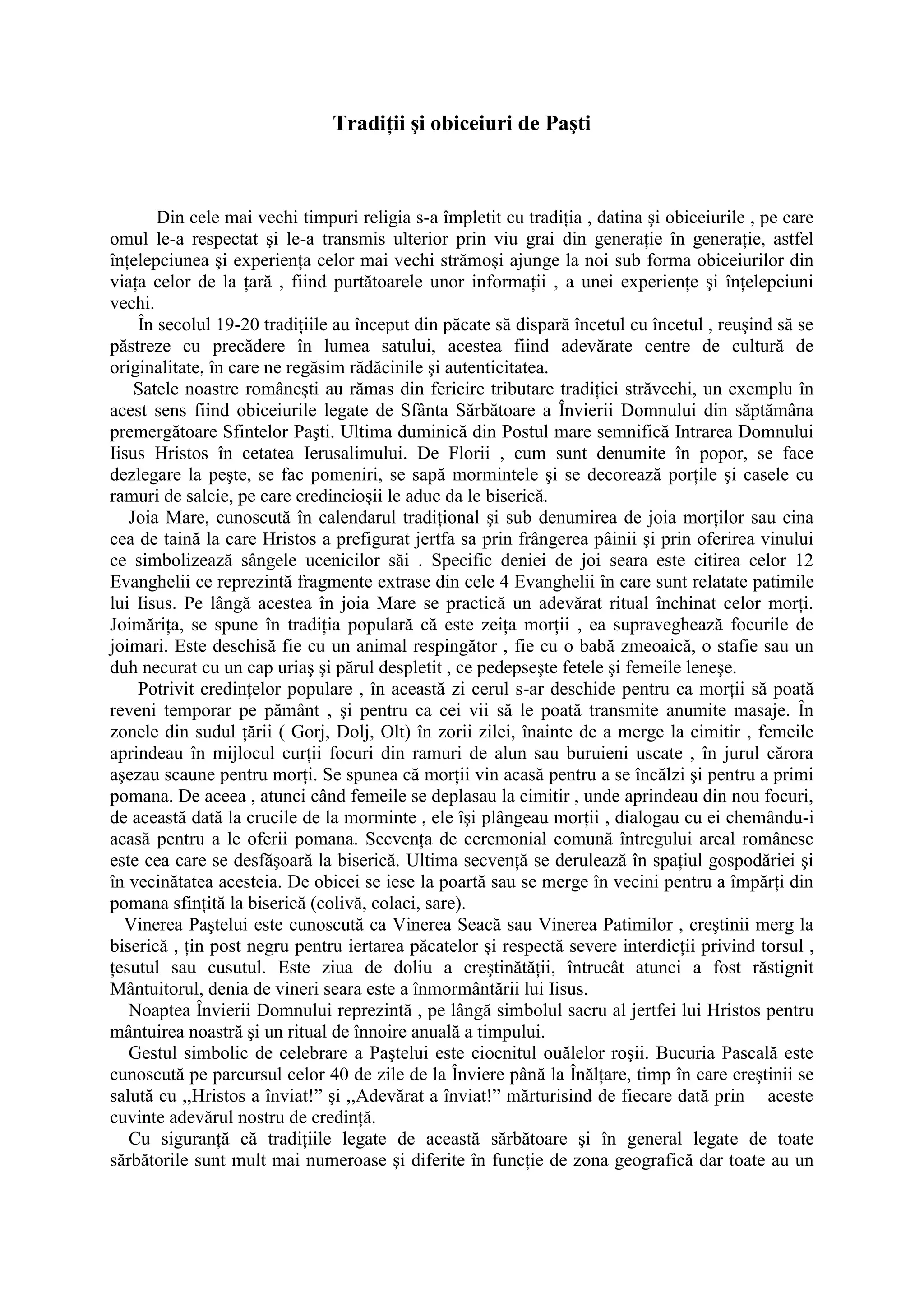 Tradiţii şi obiceiuri de paşti | DOCX