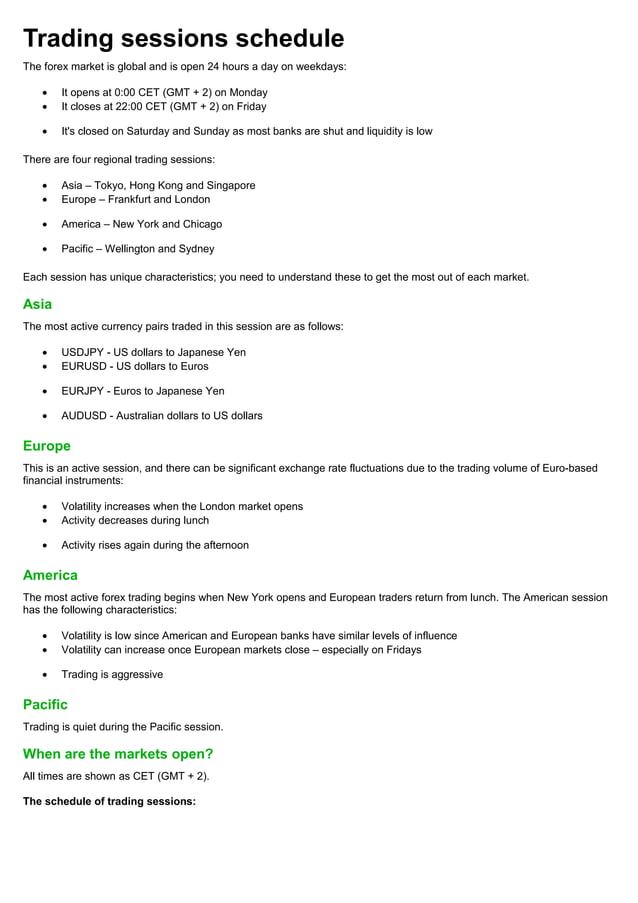 Trading Sessions Schedule PDF