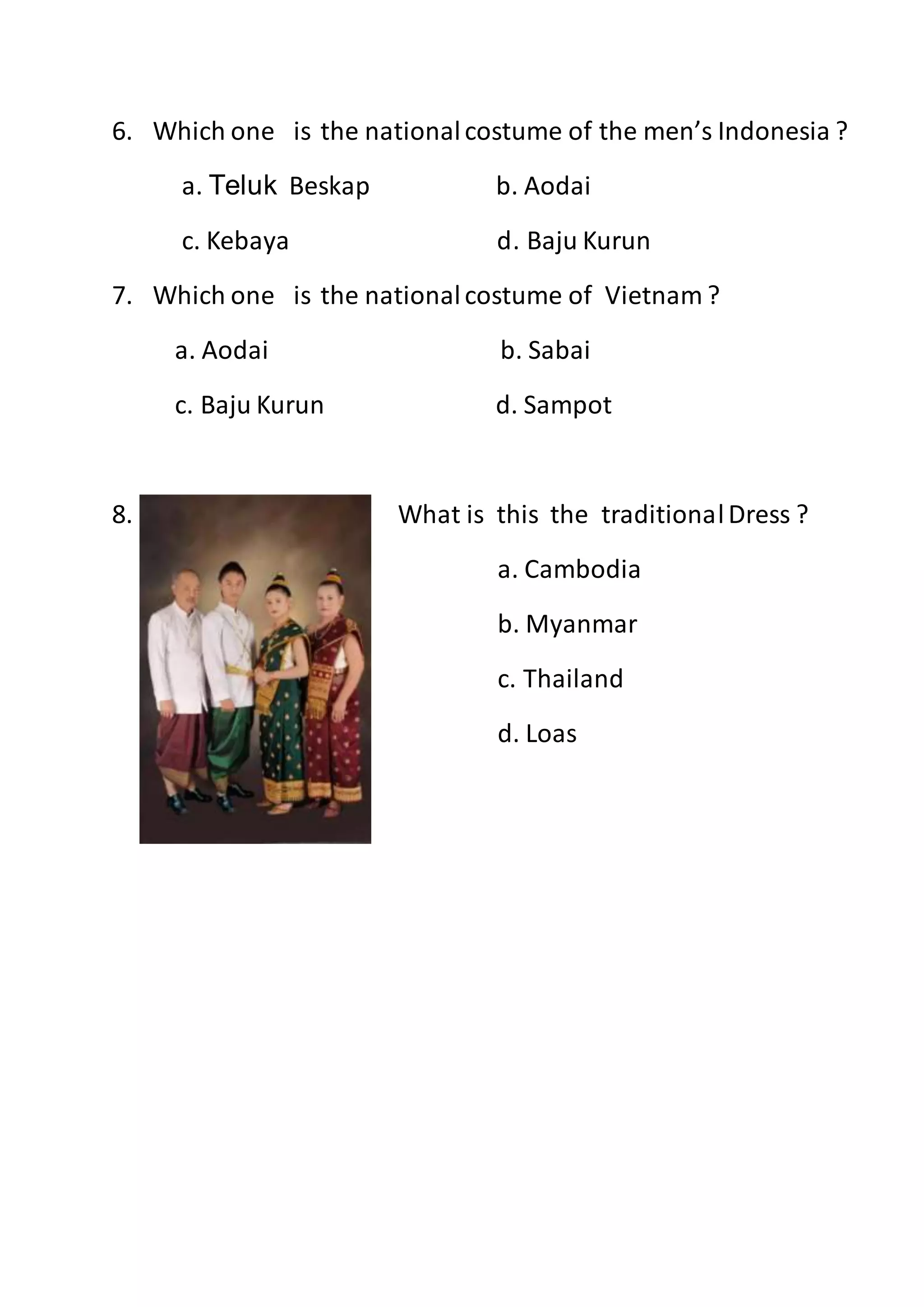 Traditional dress of 10 countries in asean | DOCX