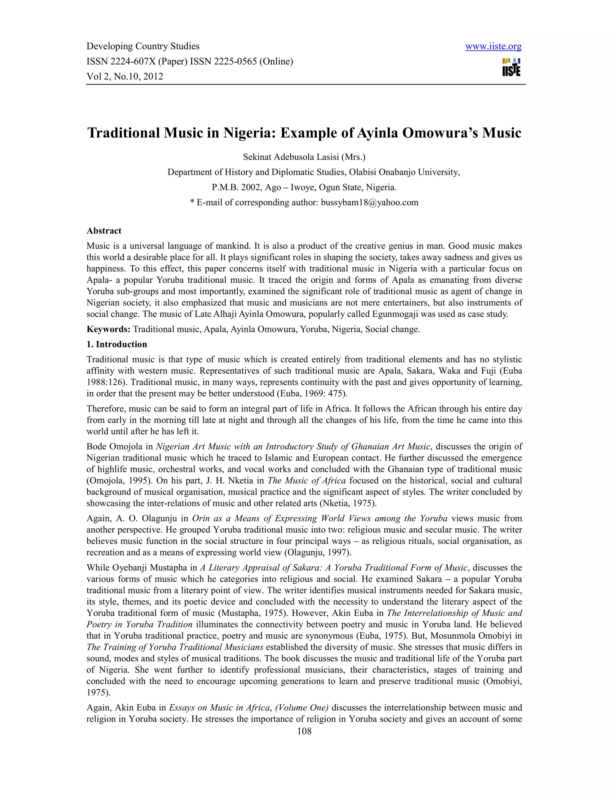 Traditional music in nigeria example of ayinla omowura’s music | PDF