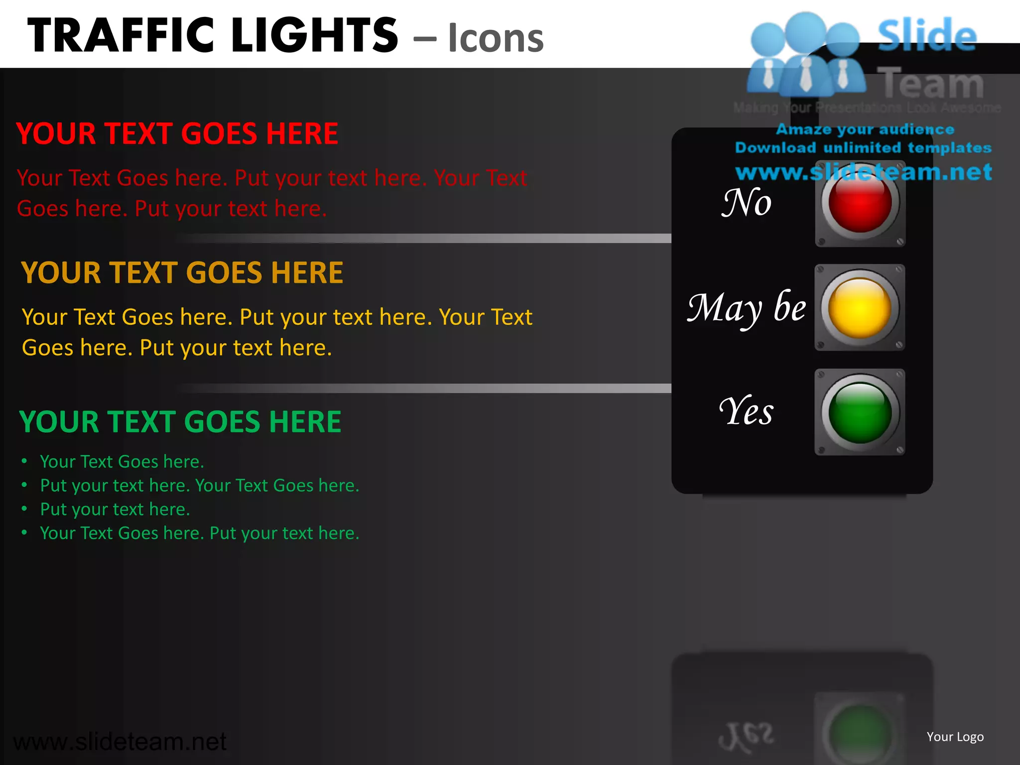 Traffic highway roadway lights red green orange stop wait go icons ...