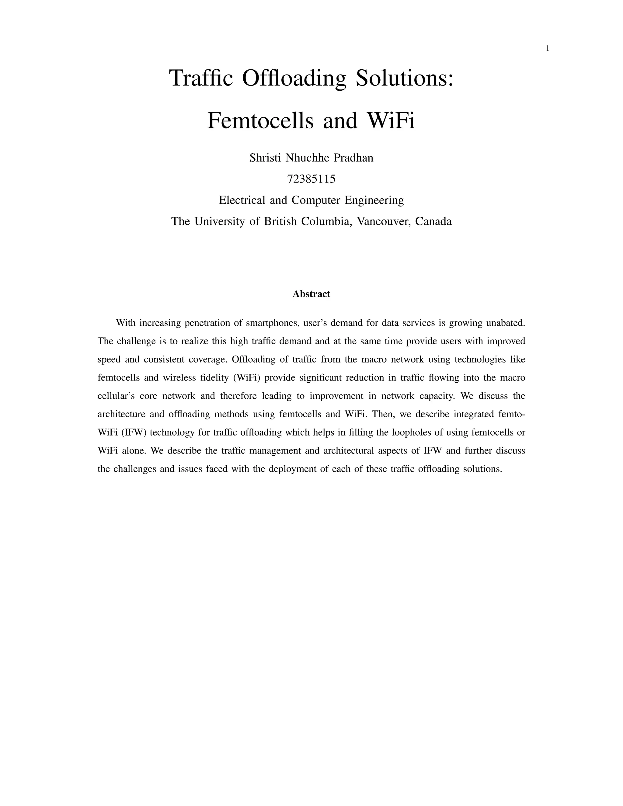 Traffic Offloading Solutions: Femto, WiFi and Integrated Femto-WiFi | PDF