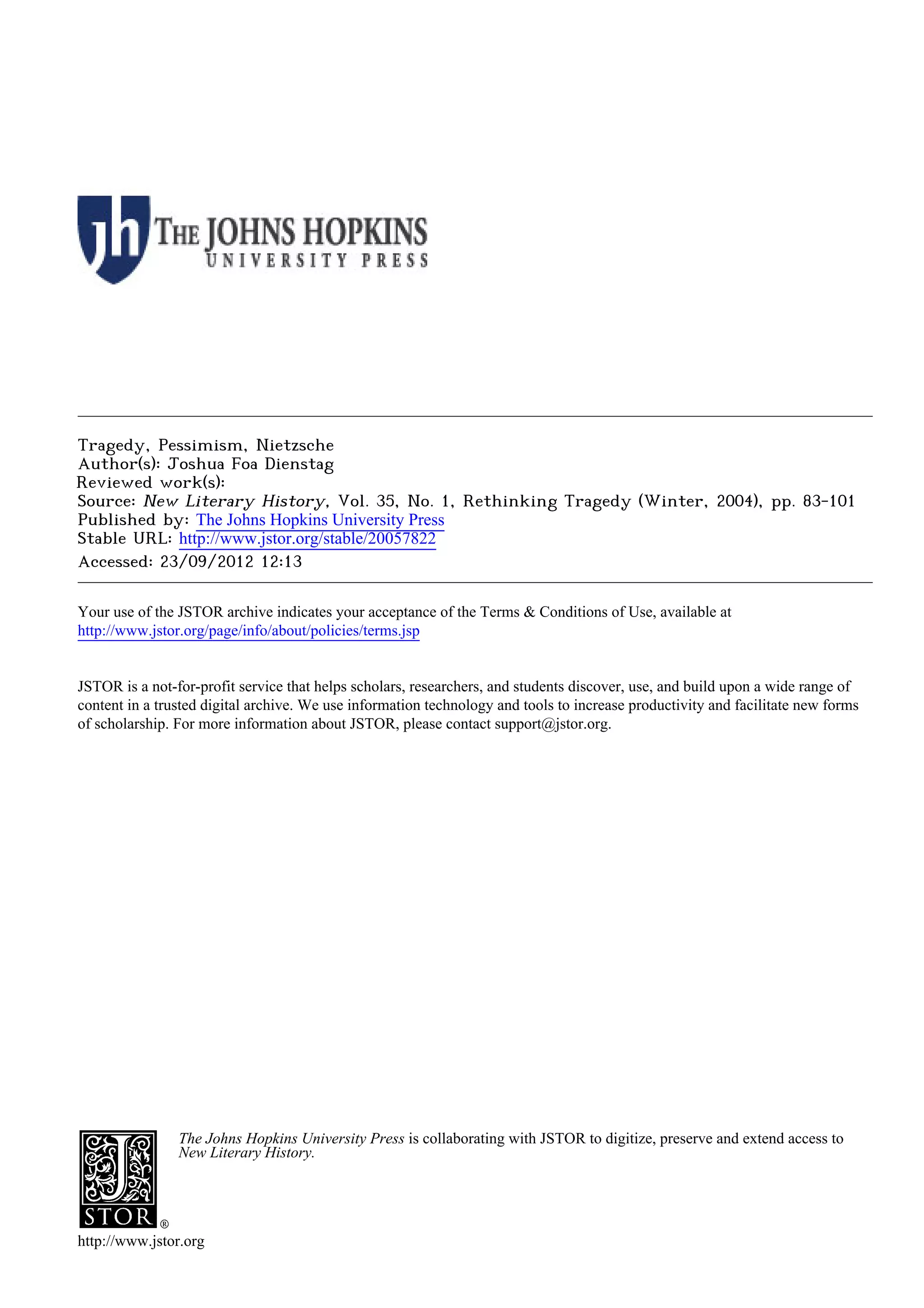 Tragedy, pessimism, nietzsche, by joshua foa dienstag | PDF