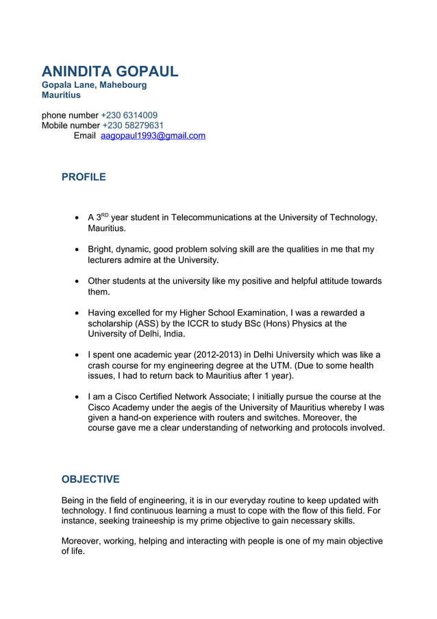 Trainee engineer CV | DOC | Education