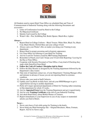 Trainee's kit for Industrial Training in Hotels | PDF