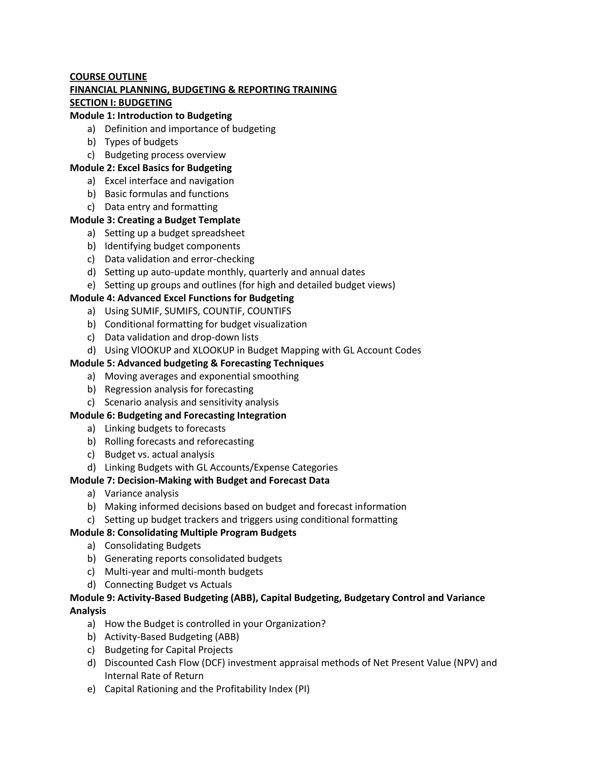 Trainer.Outline for budgeting and financial modelling | PDF