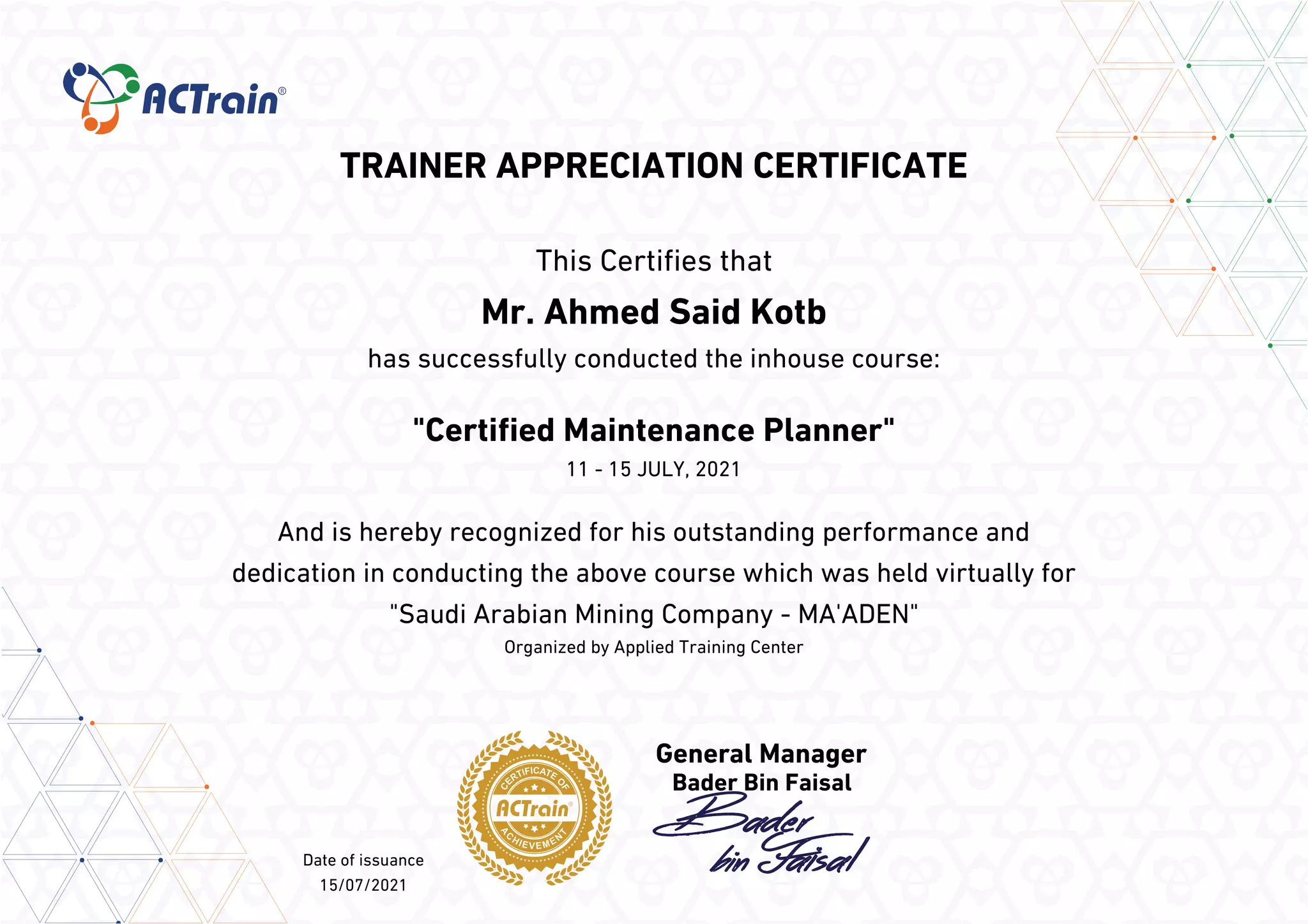 Certificate of Appreciation for conducting "Certified Maintenance Planner" virtual inhouse ...