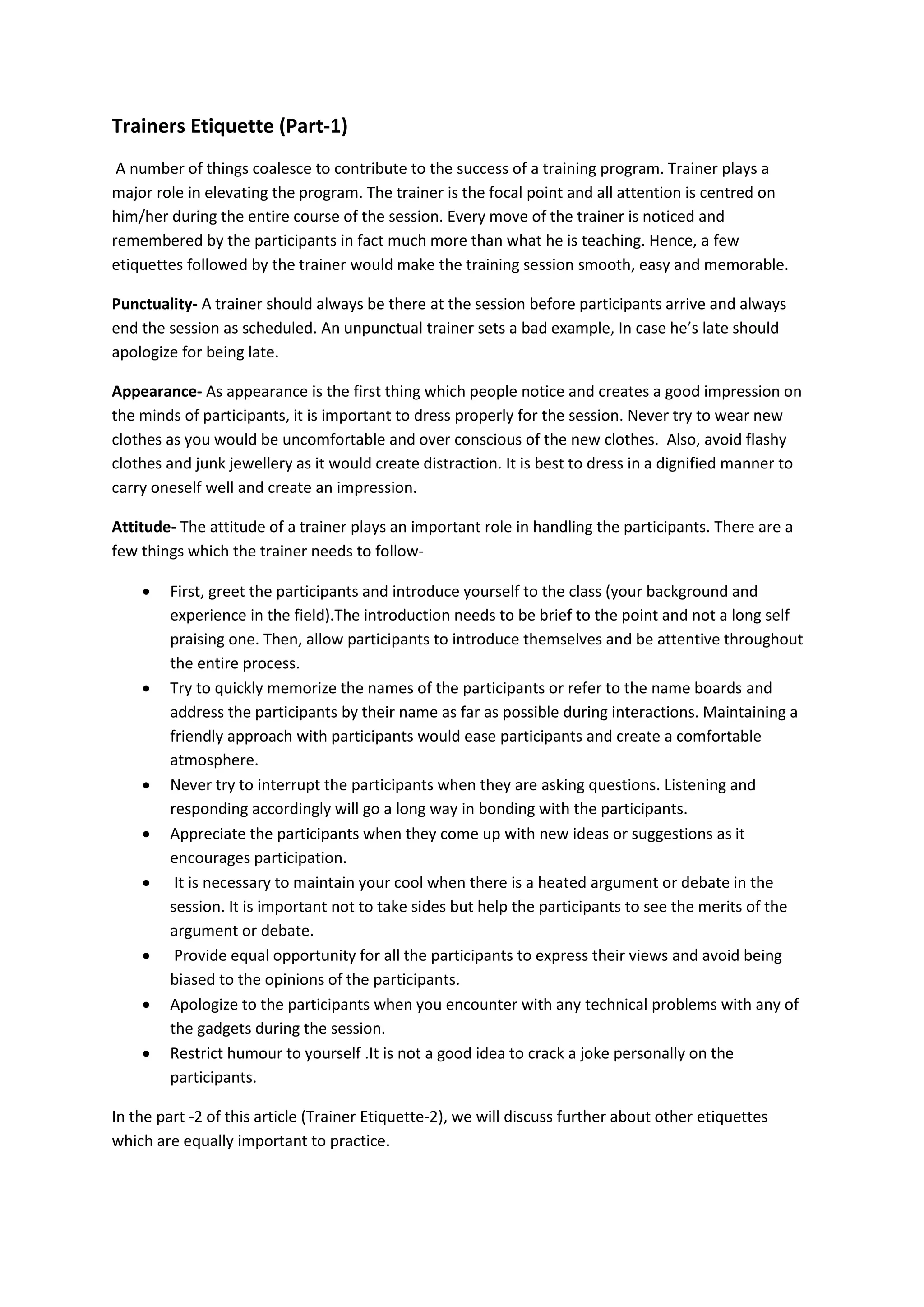 Trainers etiquette | DOCX