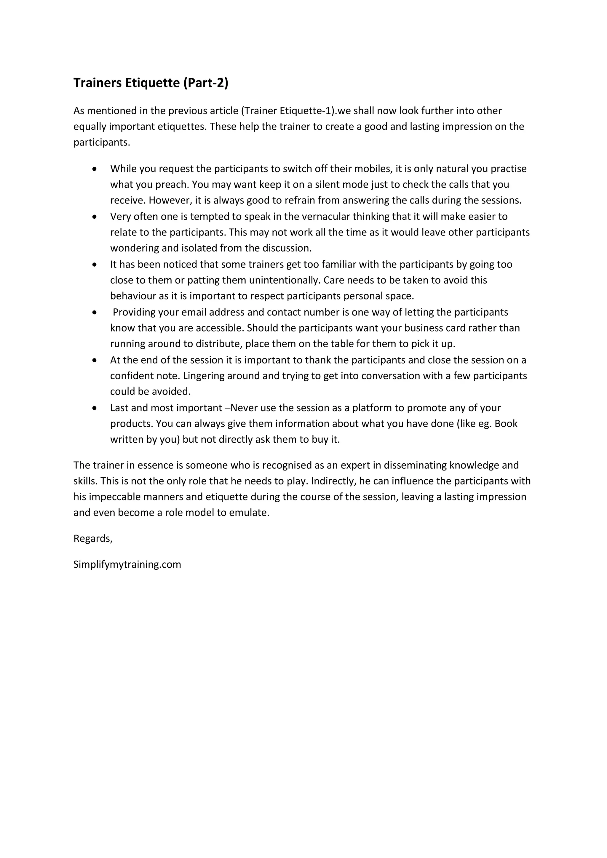 Trainers etiquette | DOCX