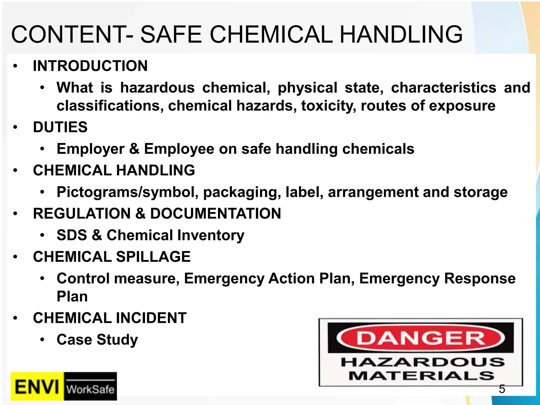 Trainer Slide - SAFE HANDLING AND SPILLAGE MANAGEMENT OF HAZARDOUS ...