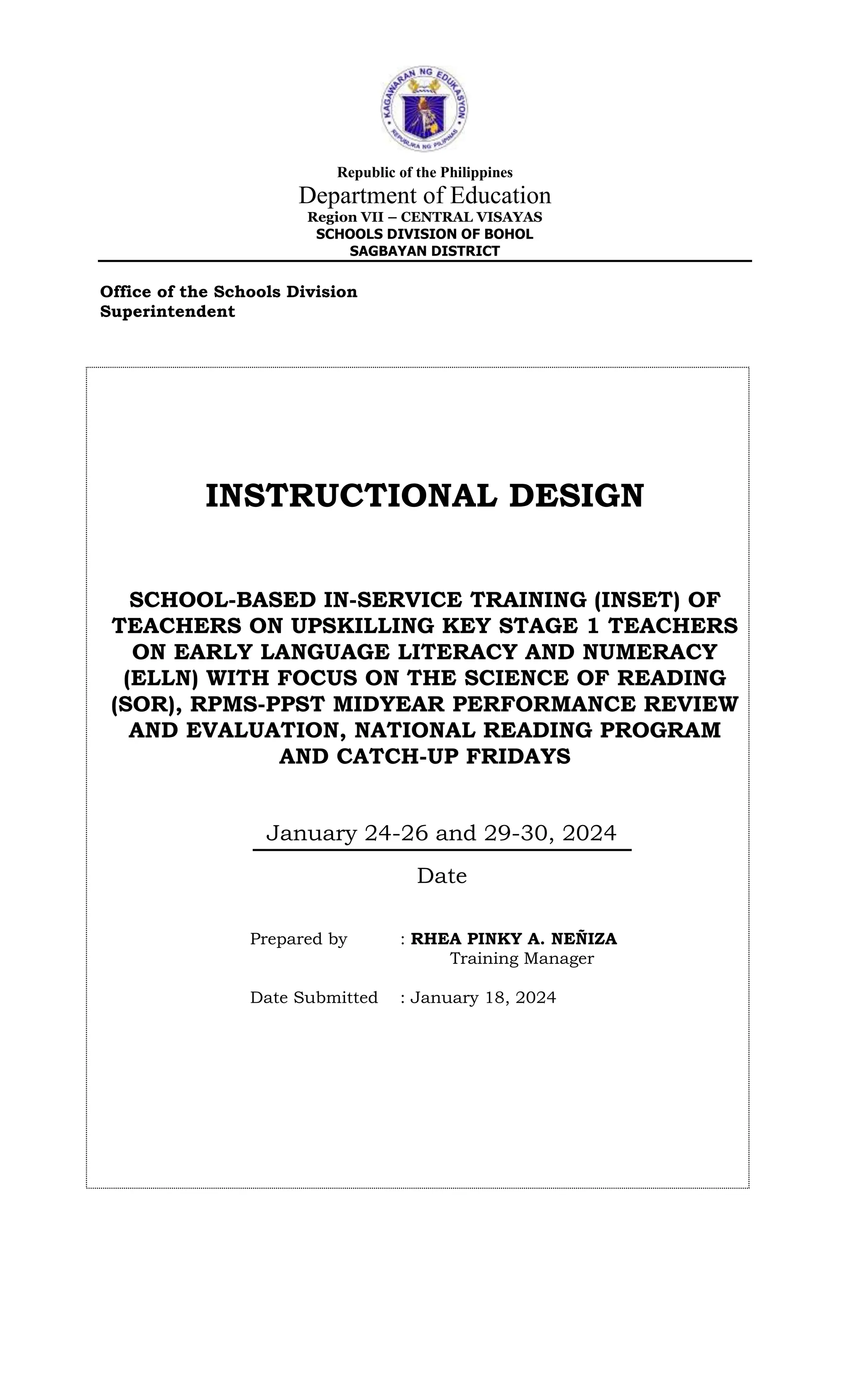Training Design for DepEd Cluster-Based INSET 2024 | DOCX