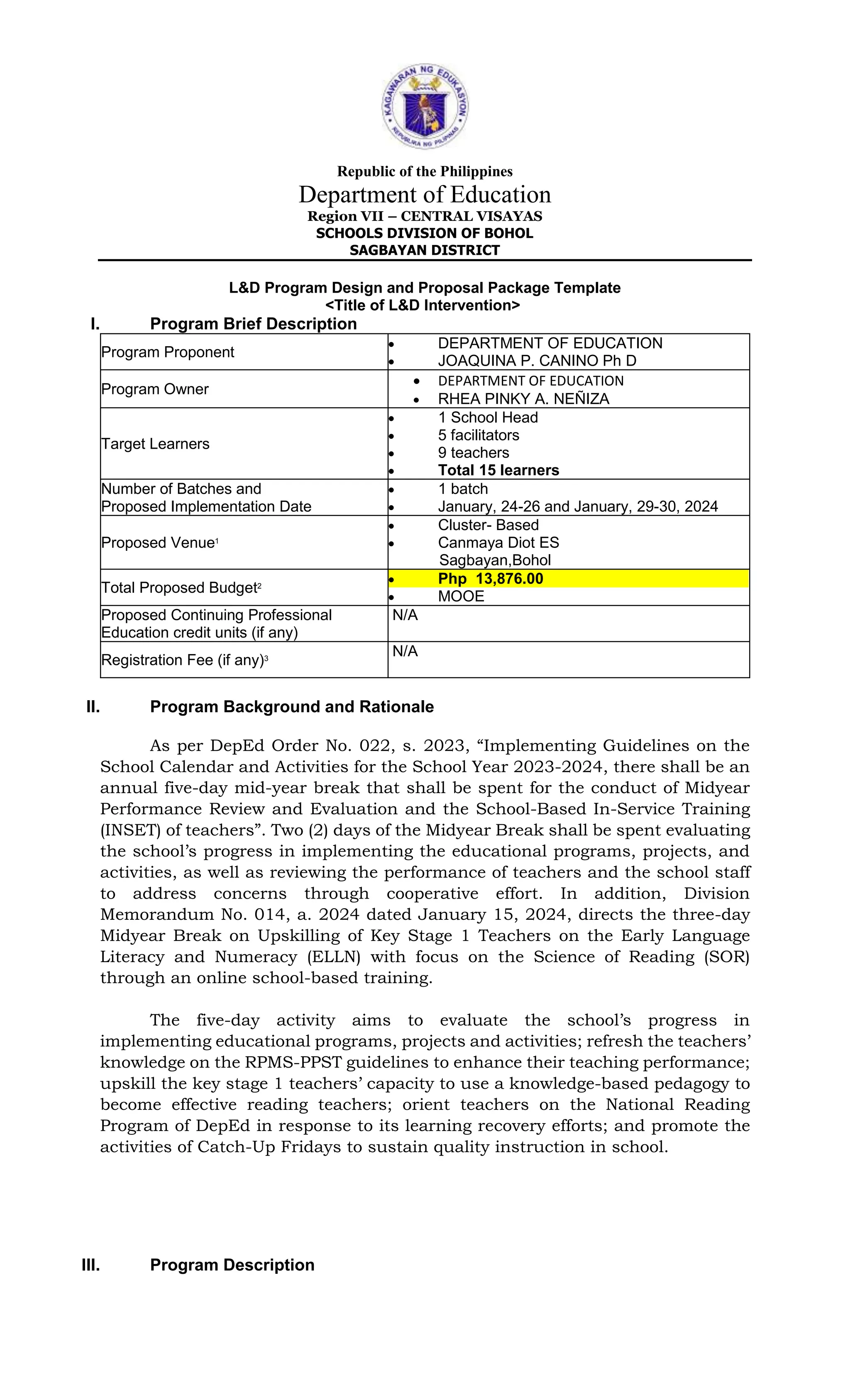 Training Design for DepEd Cluster-Based INSET 2024 | DOCX