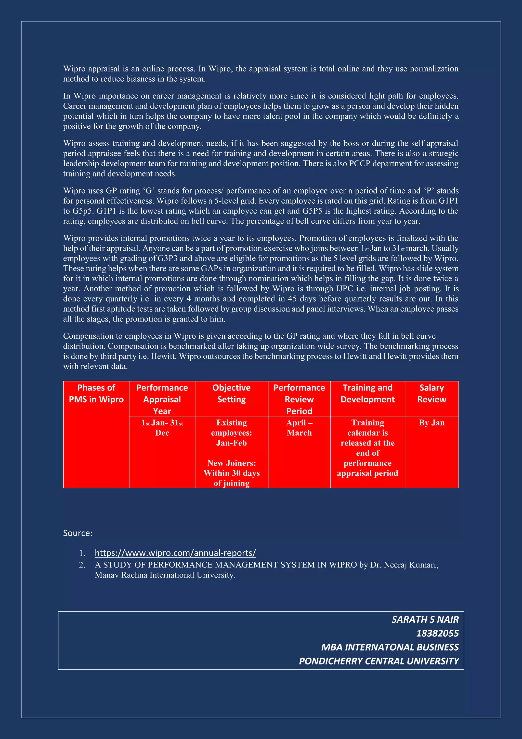 Training and Performance Apprisal in Wipro | PDF
