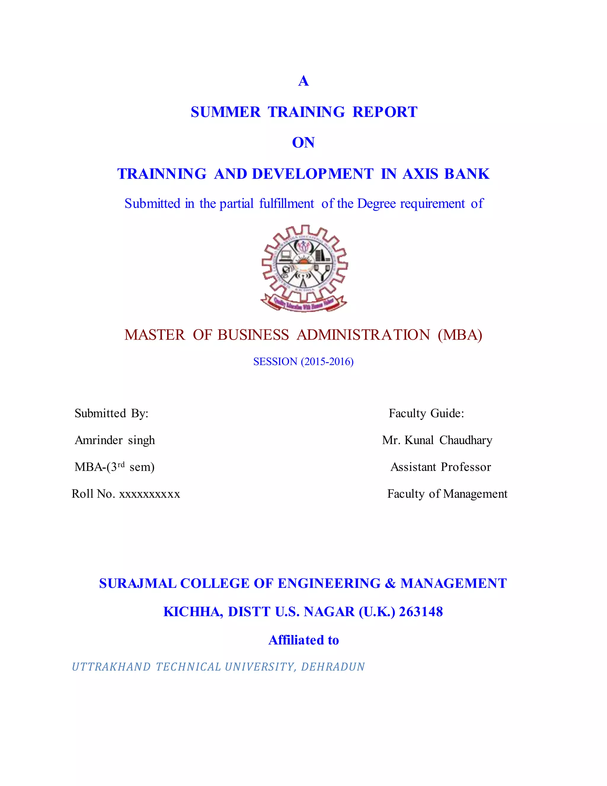 Training and development in axis bank | DOCX