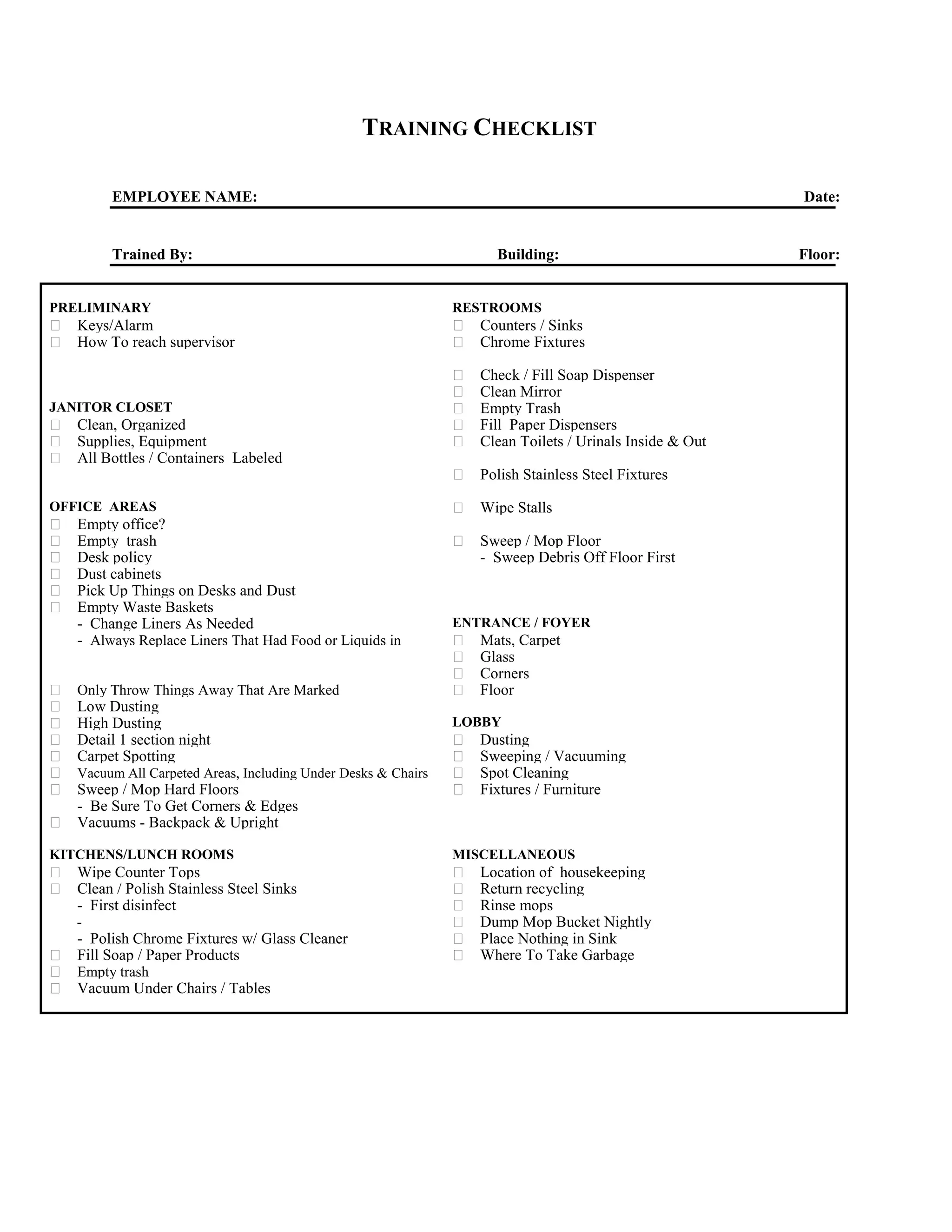 Janitorial Training Checklist | PDF