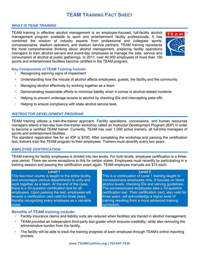TEAM Coalition Training Summary - Training Fact Sheet | PDF