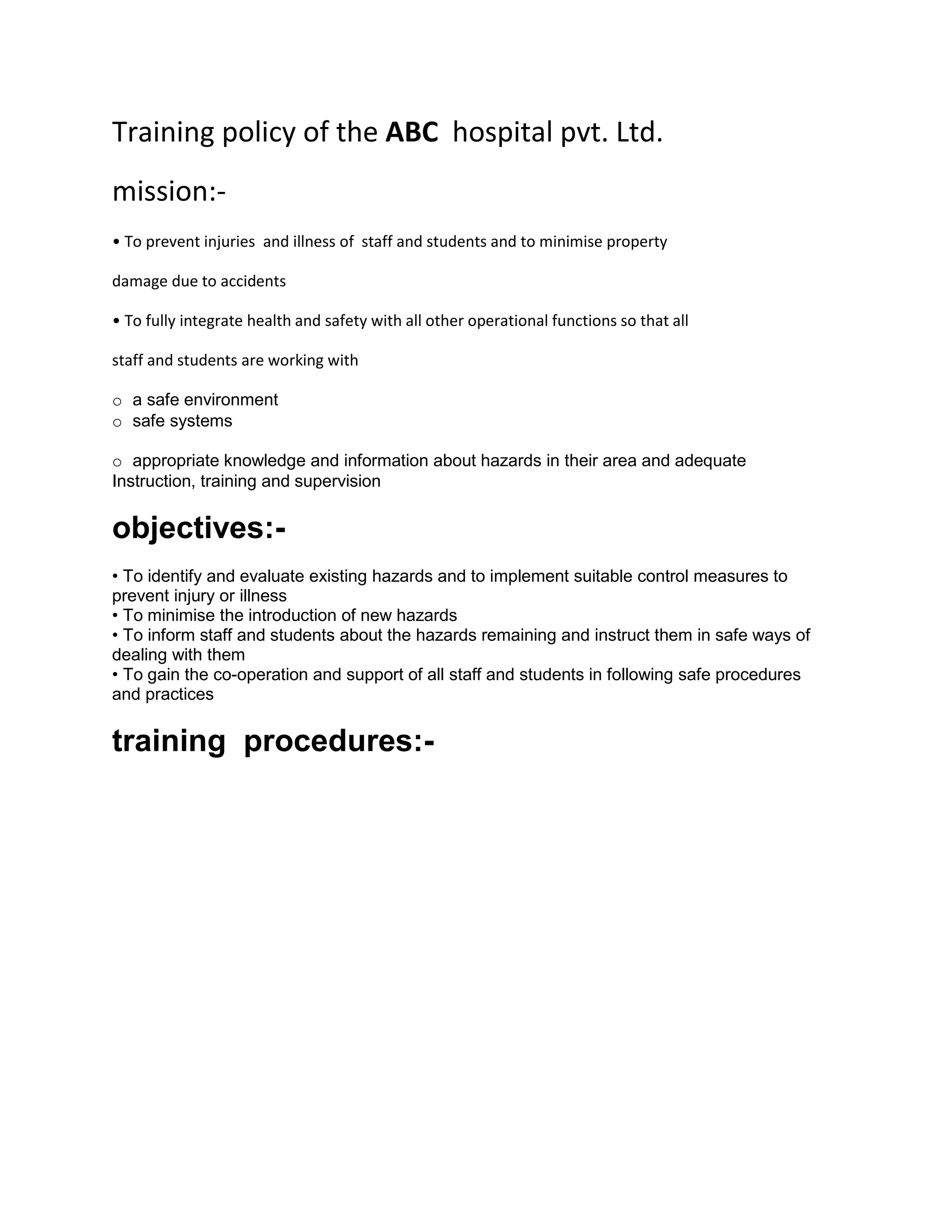 Training policy of the abc hospital pvt | DOCX