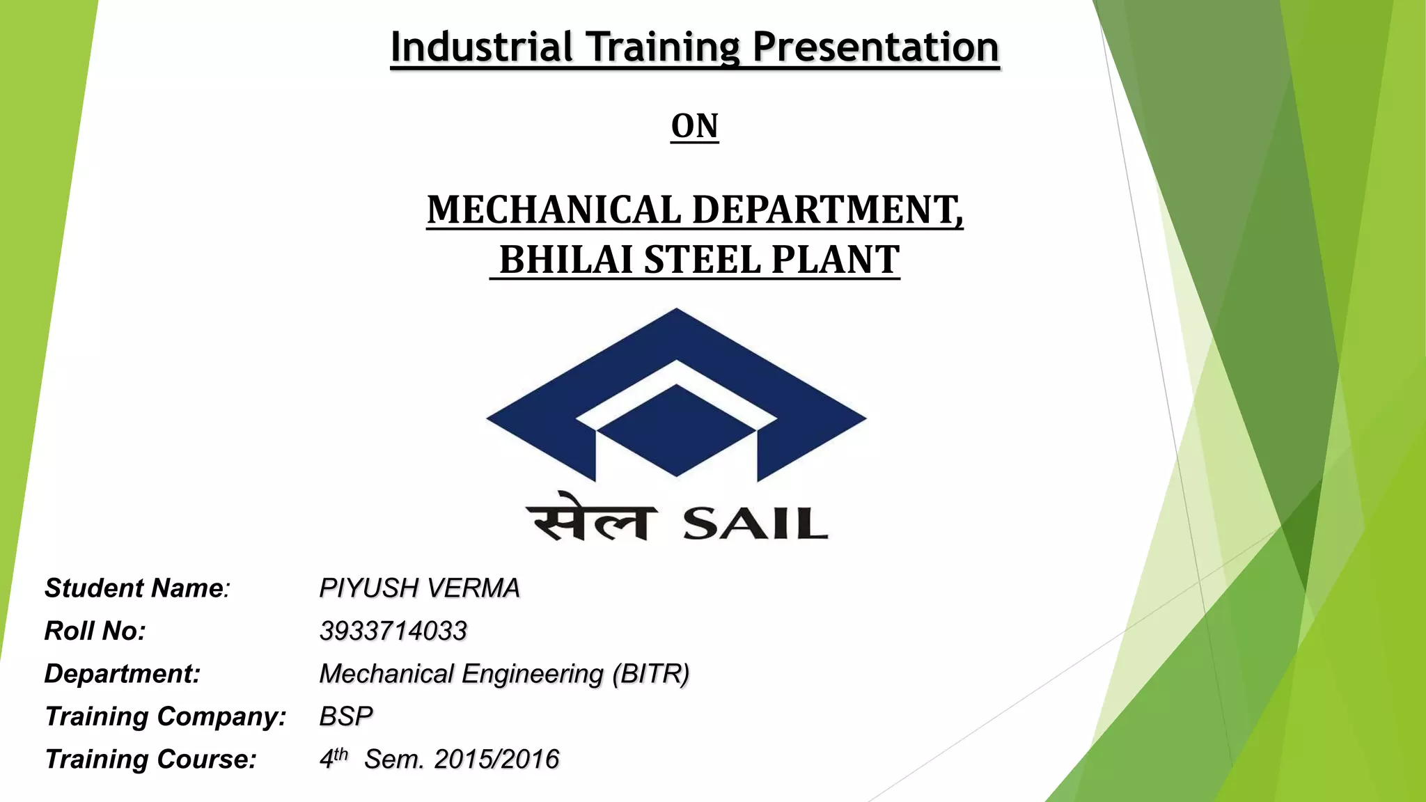 Vocational Training on Bhilai Steel Plant | PPTX