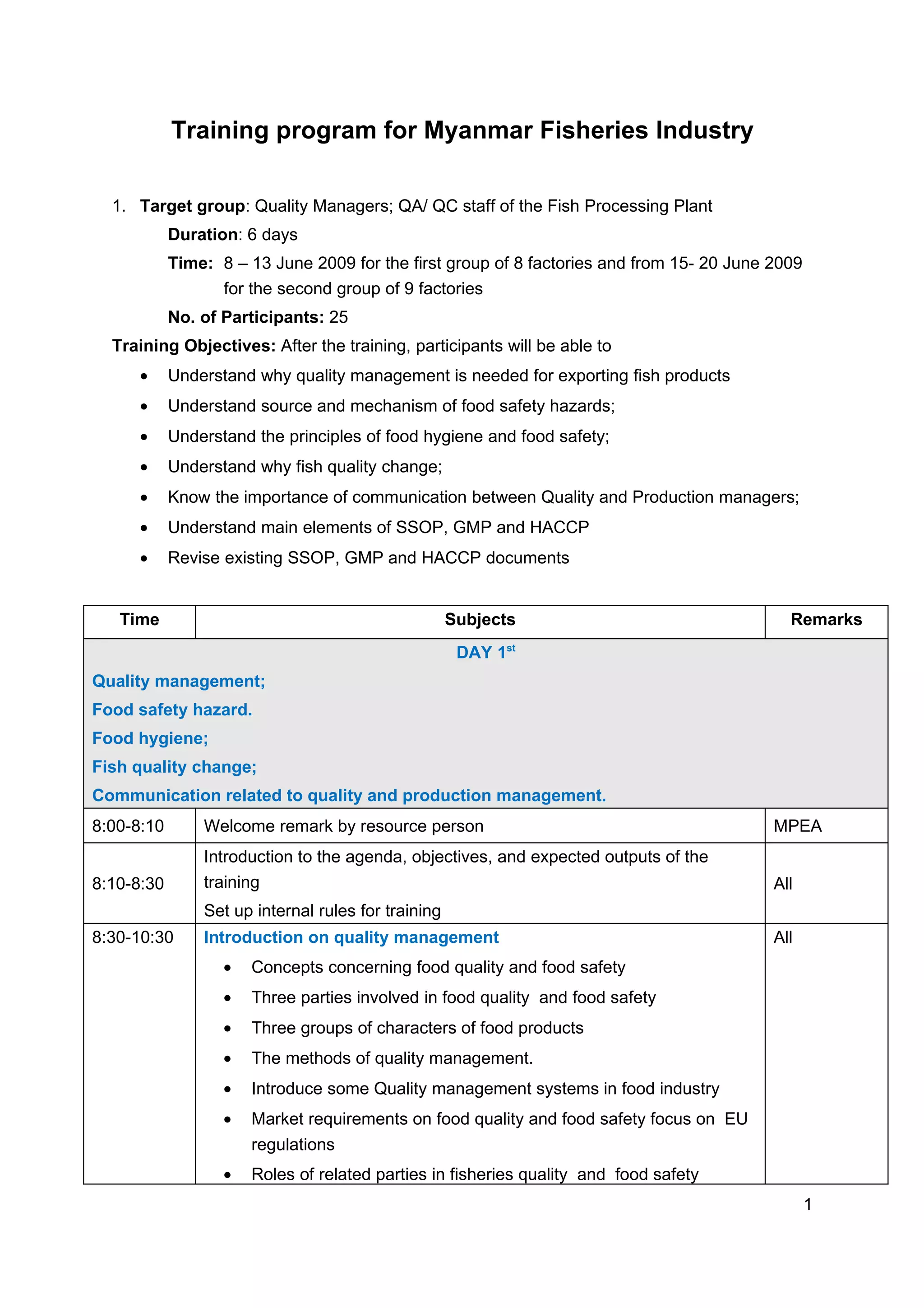 Training Program For Myanmar Fisheries Industry First Course | DOC