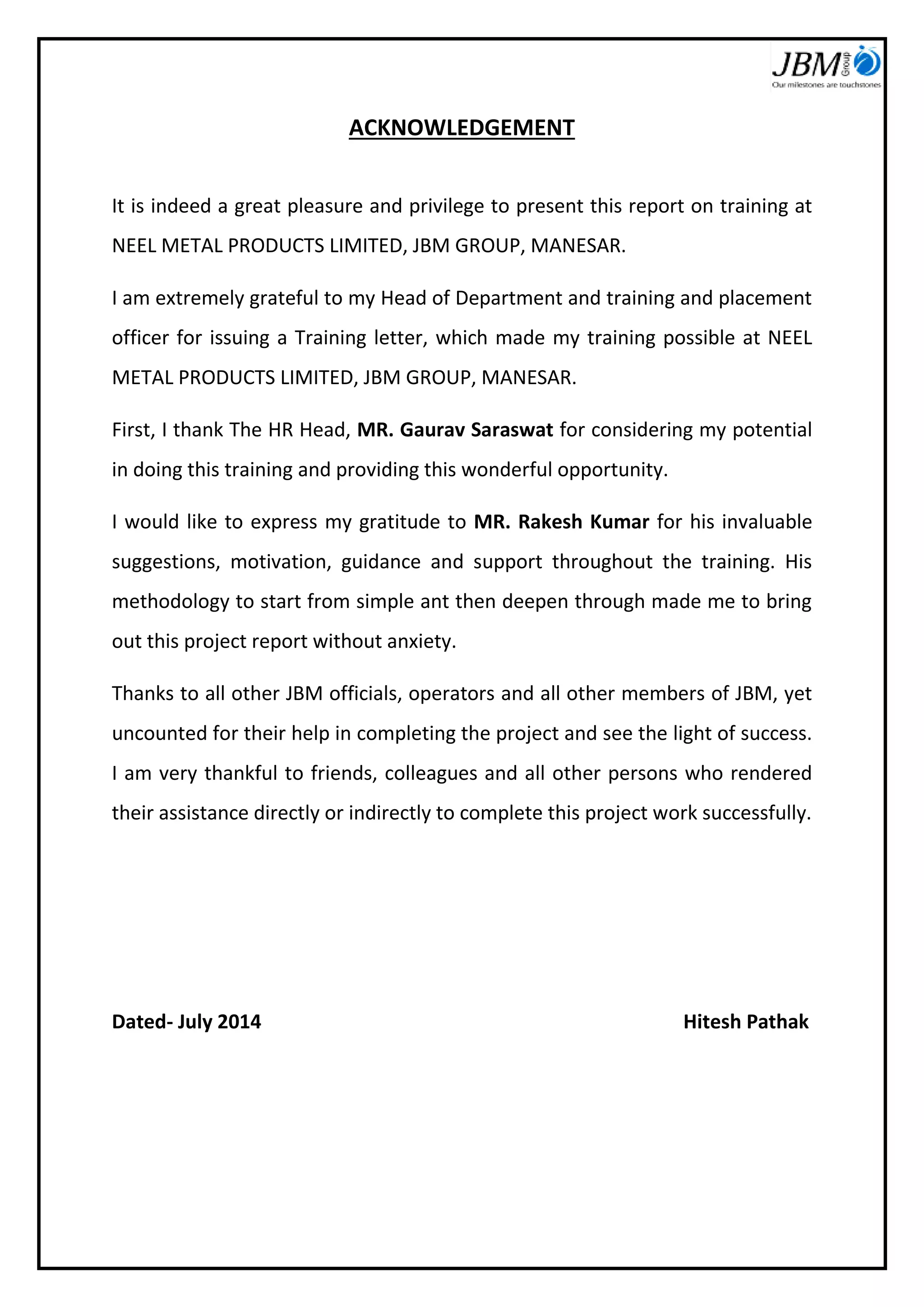 Summer Internship Report at Neel Metal Products Limited, Manesar | PDF