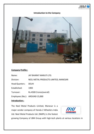 Summer Internship Report at Neel Metal Products Limited, Manesar | PDF