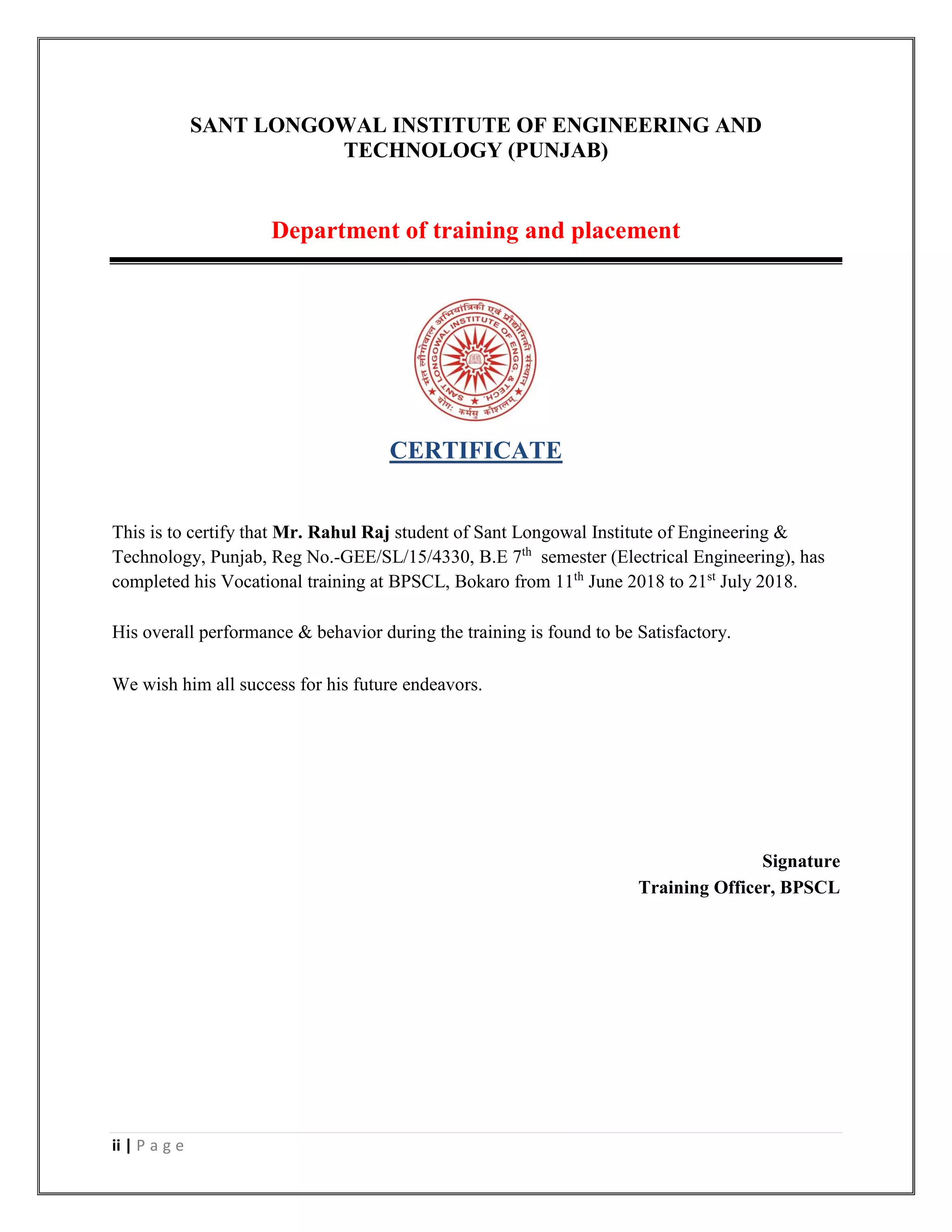 BPSCL Vocational Training report | PDF