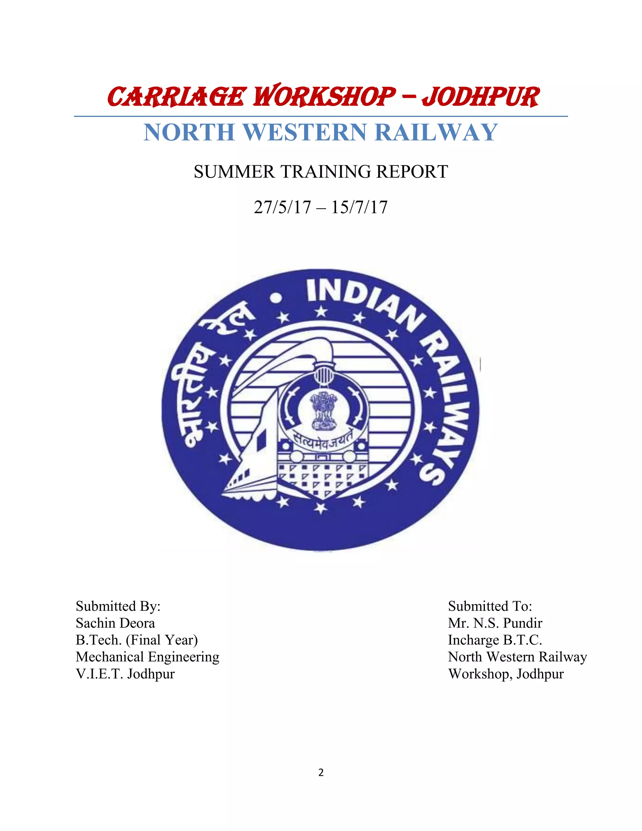 Training report on nwr carriage workshop, jodhpur | PDF