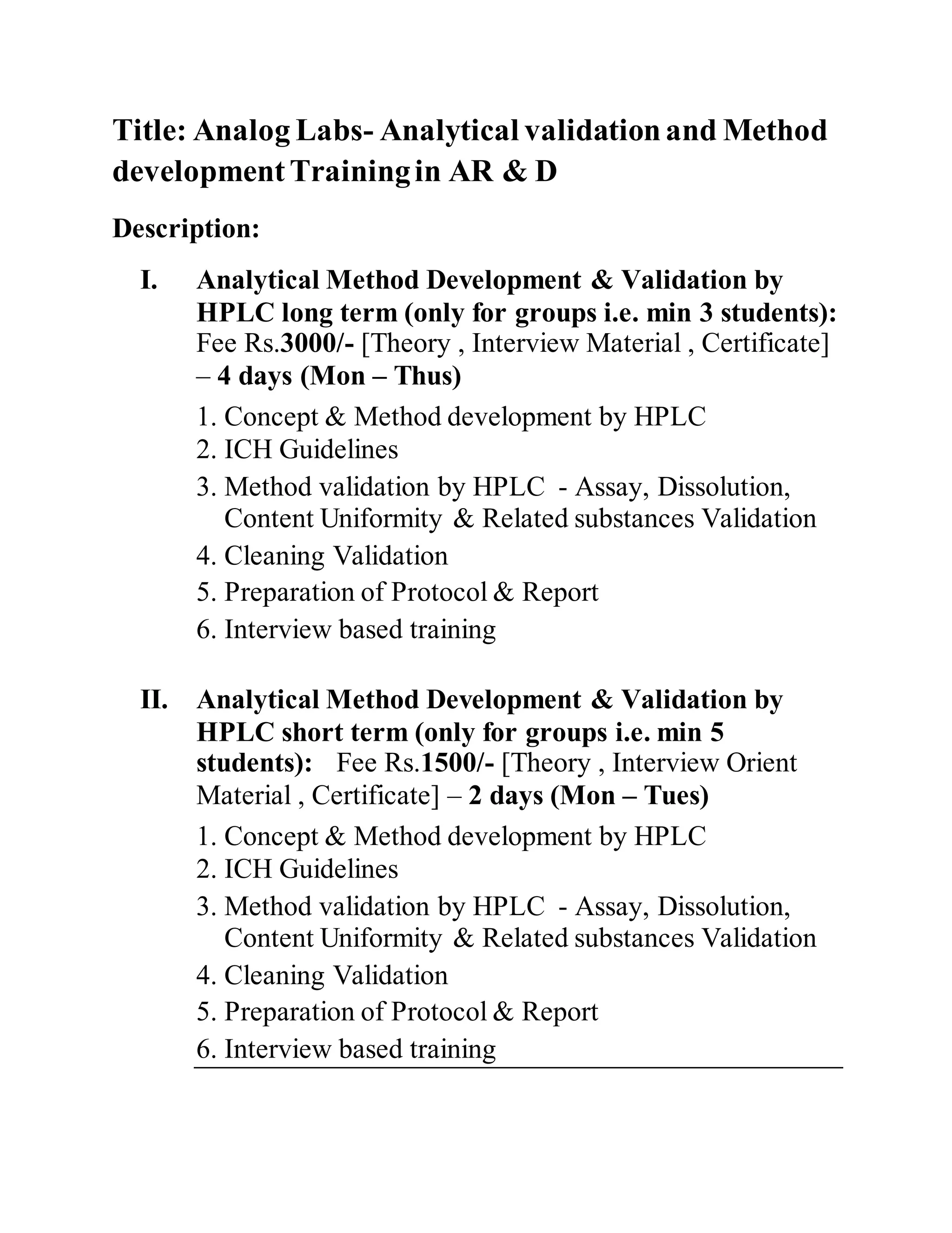 Analog Labs – HPLC Training with hands on practice | DOCX