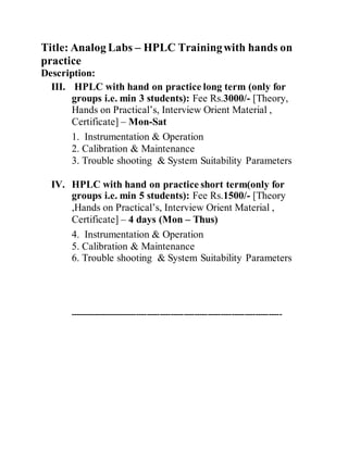 Analog Labs – HPLC Training with hands on practice | PDF