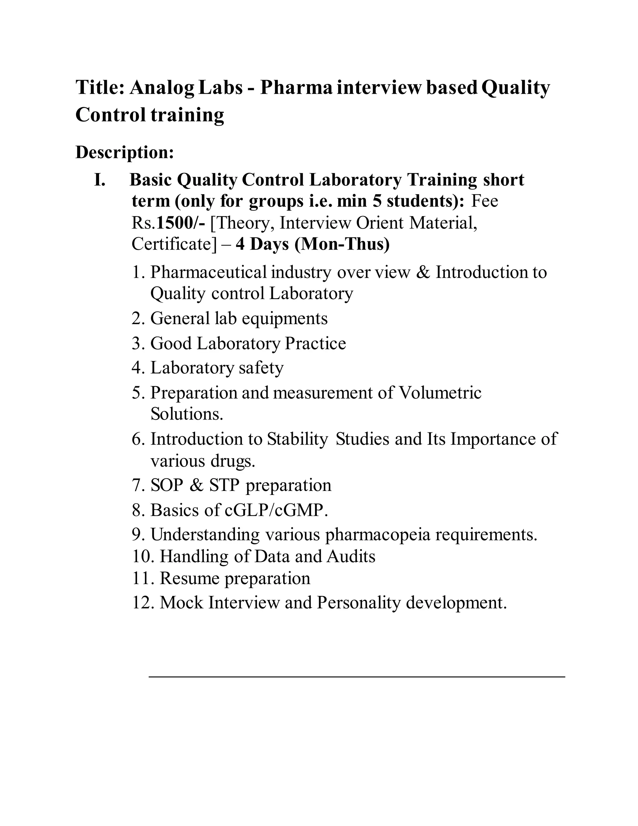 Analog Labs - Pharma certification based Quality Control training | DOCX