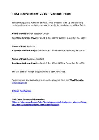TRAI Recruitment 2016 - Various Posts | DOCX