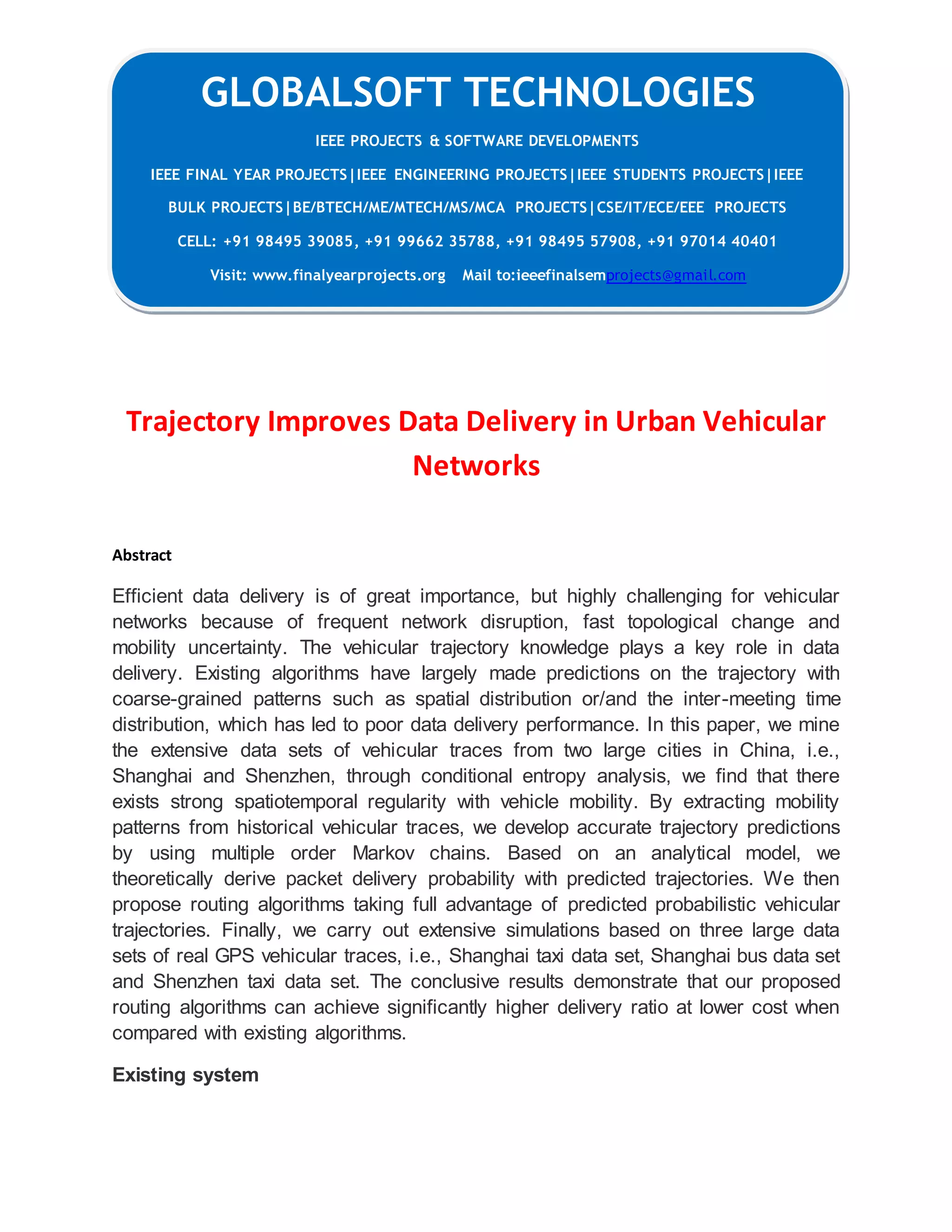 2014 IEEE JAVA PARALLEL DISTRIBUTED PROJECT Trajectory improves data ...
