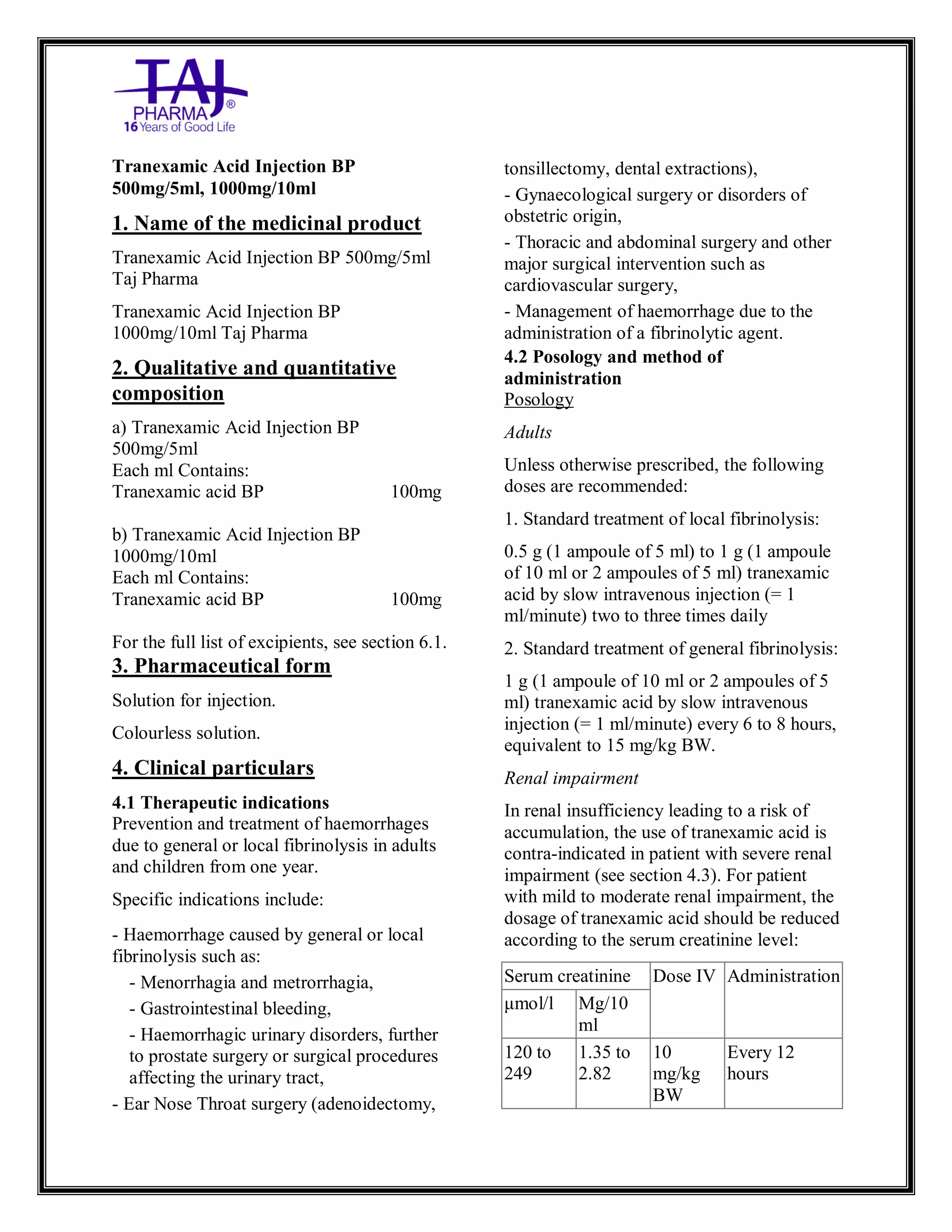 Tranexamic Acid Injection BP Taj Pharma SmPC | PDF